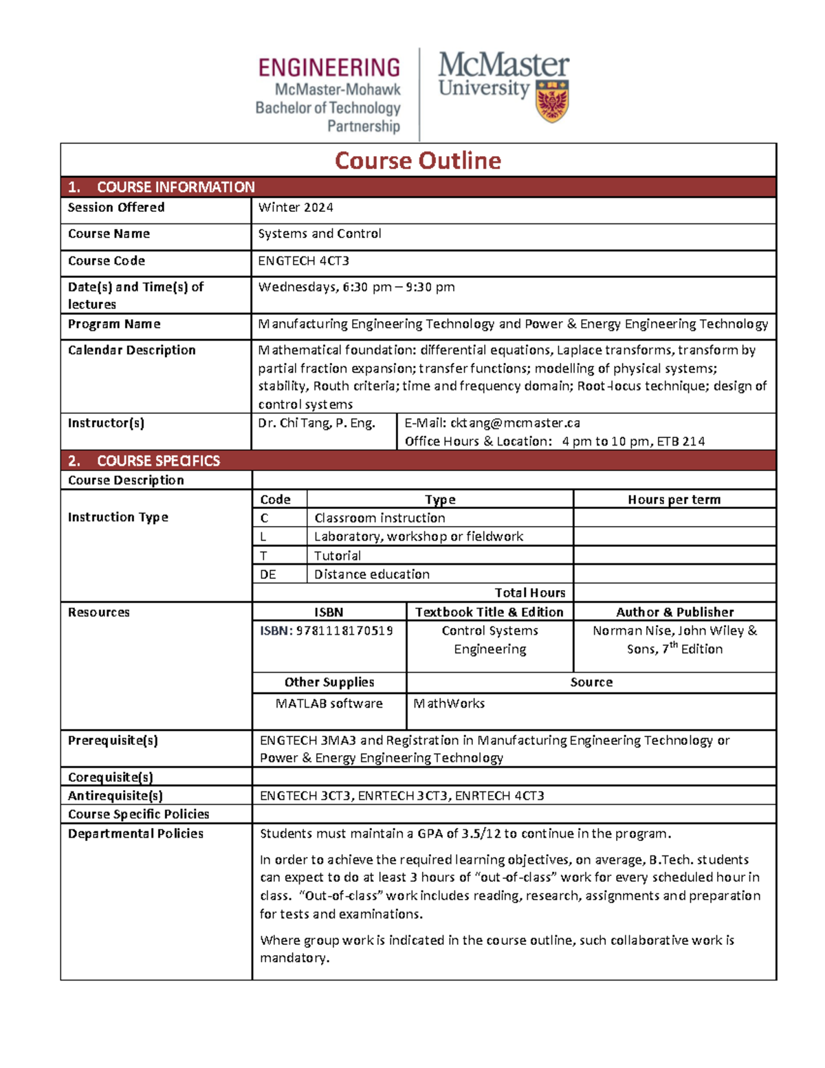 Enrtech 4CT3 Course Outline - Winter 2024 - Course Outline 1. COURSE ...