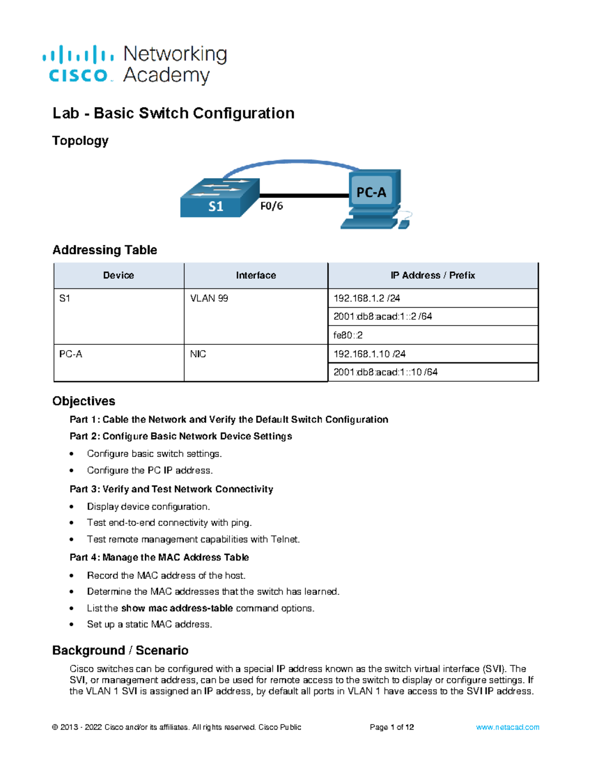 Networking Laboratory Topology Addressing Table Device Interface Ip Address Prefix S1 Vlan