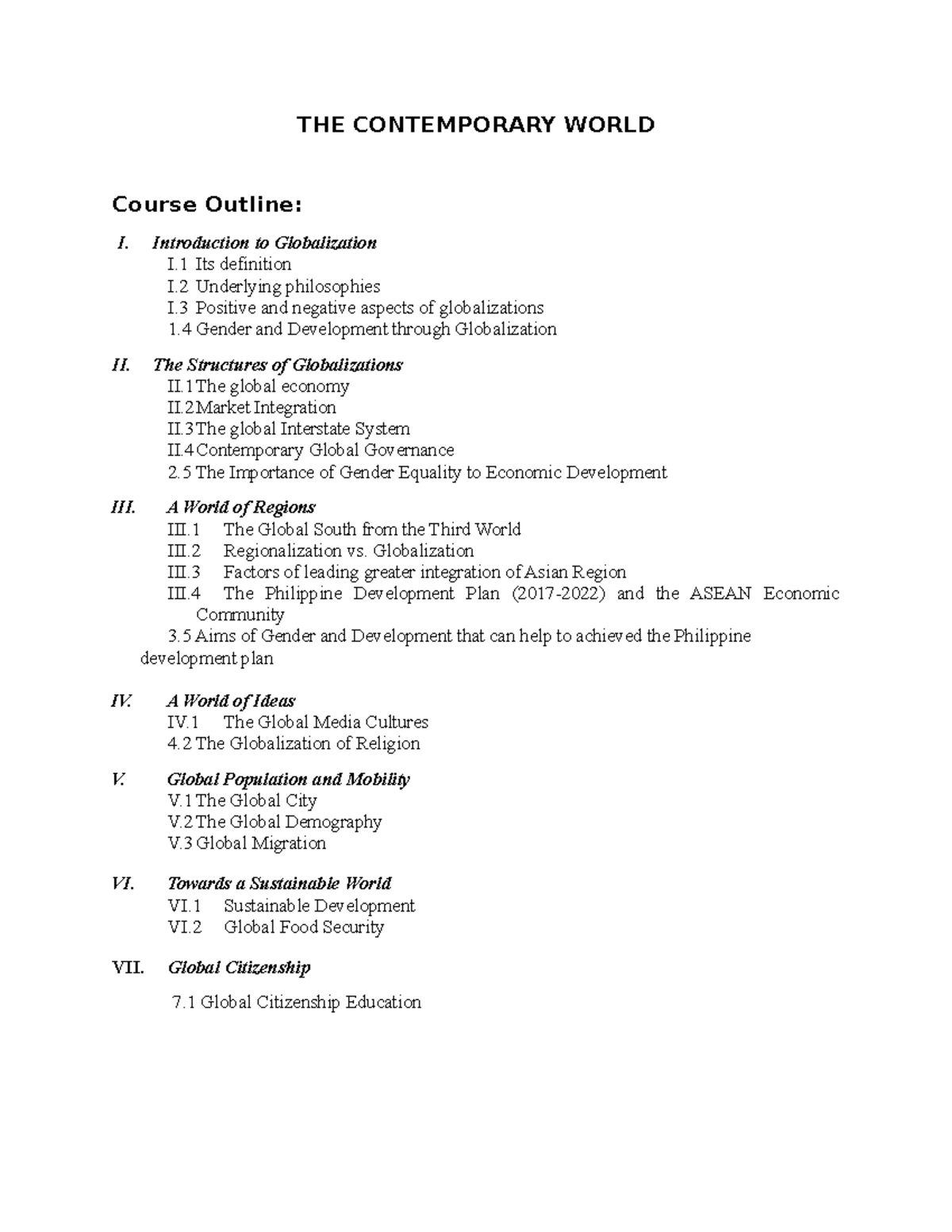 THE Contemporary World - THE CONTEMPORARY WORLD Course Outline: I ...