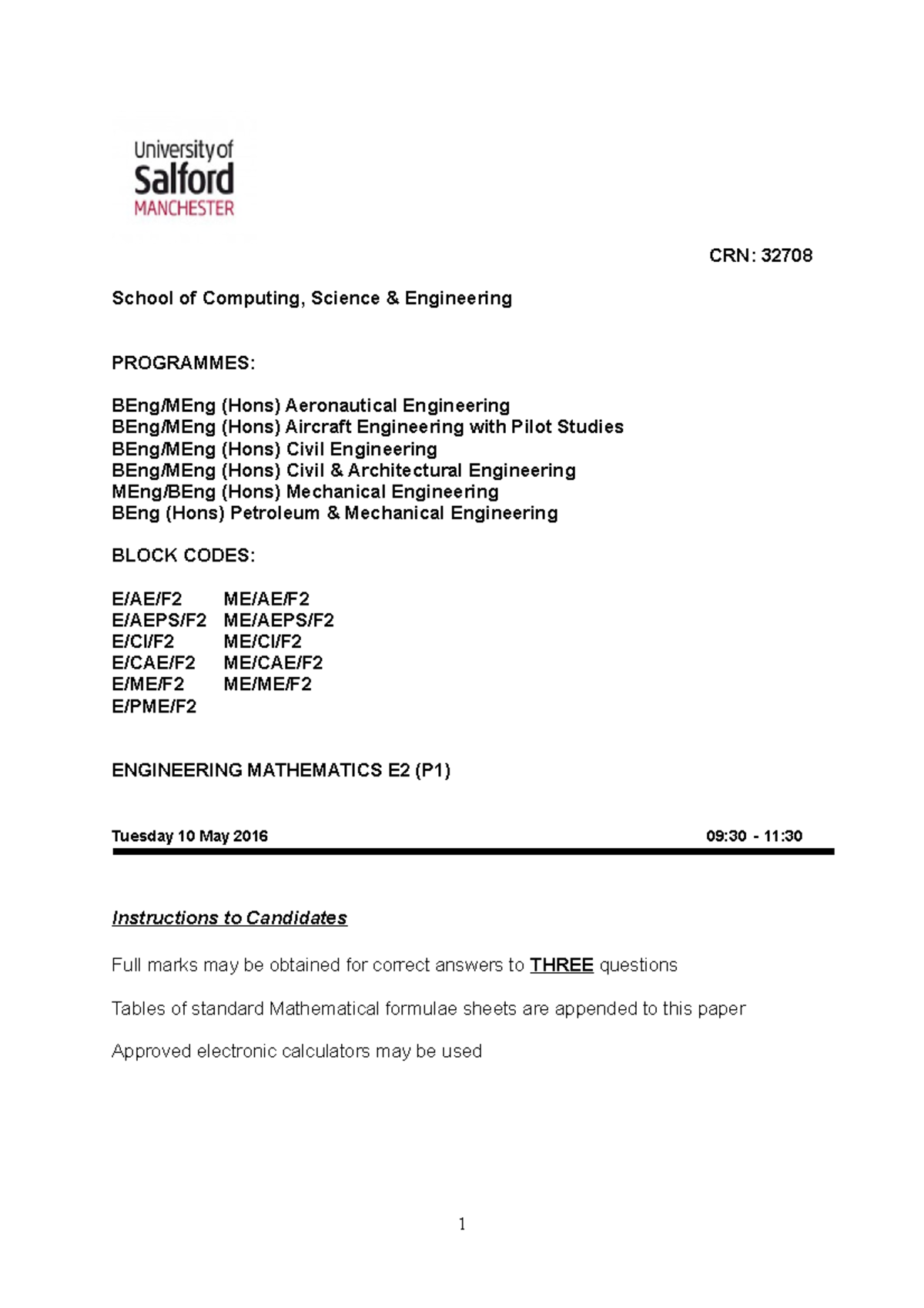 32708 Engineering Mathematics (P1) E2-2016 - CRN: 32708 School of ...