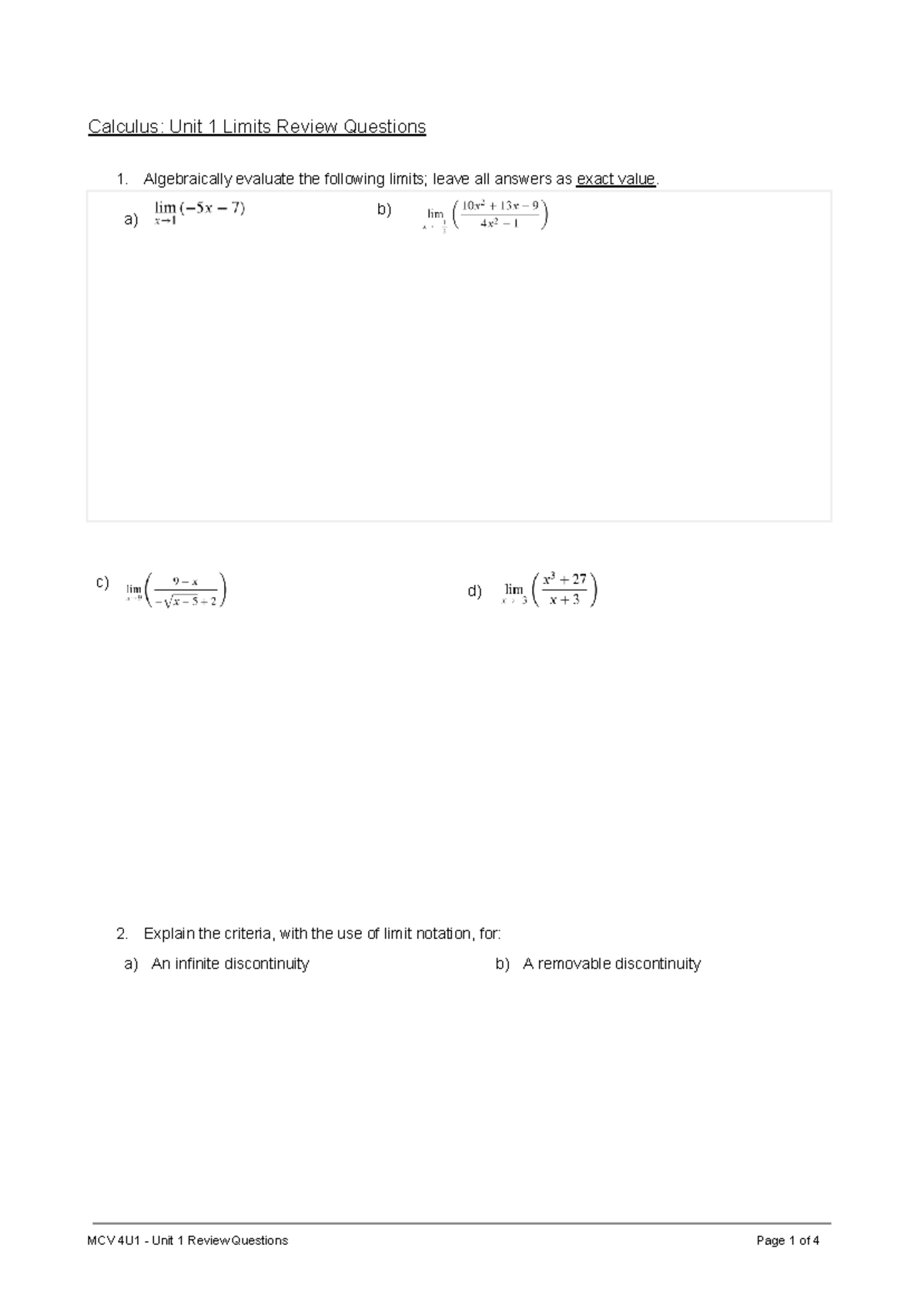 12CV Unit 1 Limits Review Questions - Calculus: Unit 1 Limits Review ...