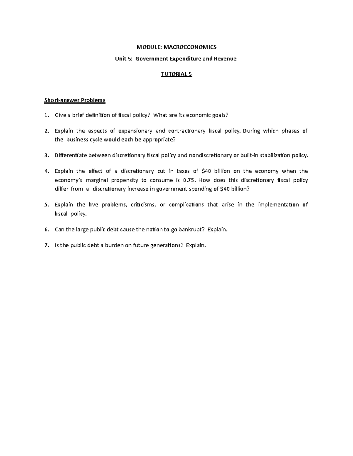 TUT Macro Unit 5 (May 2021) - MODULE: MACROECONOMICS Unit 5: Government ...