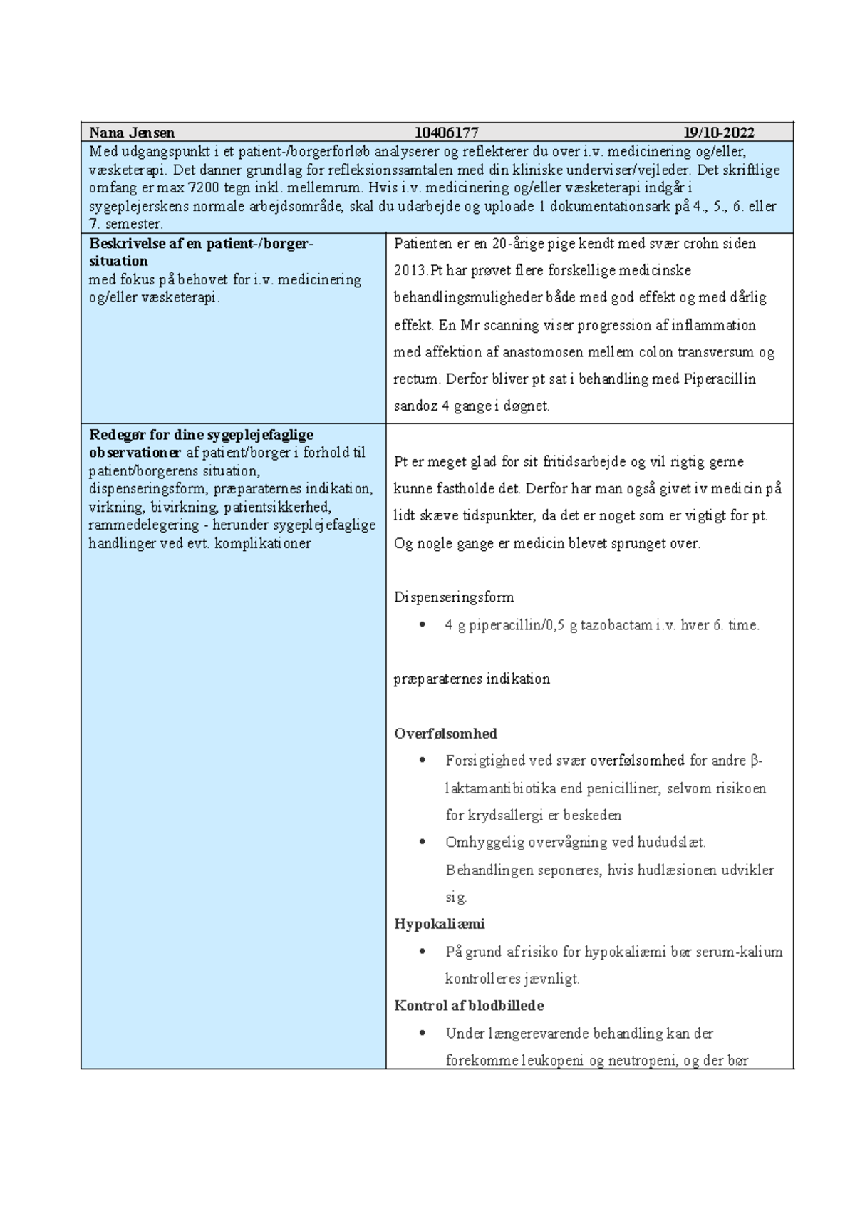 Iv medicinlogbog - iv log - Nana Jensen 10406177 19/10- Med ...