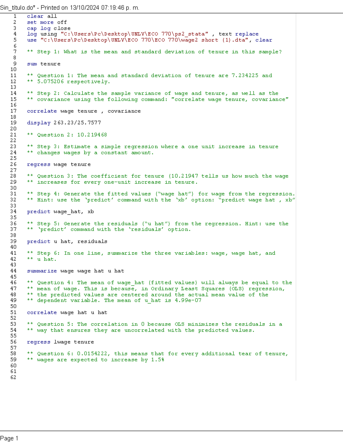Do file for assignment on stata - Sin_título* - Printed on 13/10/2024 07:19:46 p. m. Page 1 1 ...