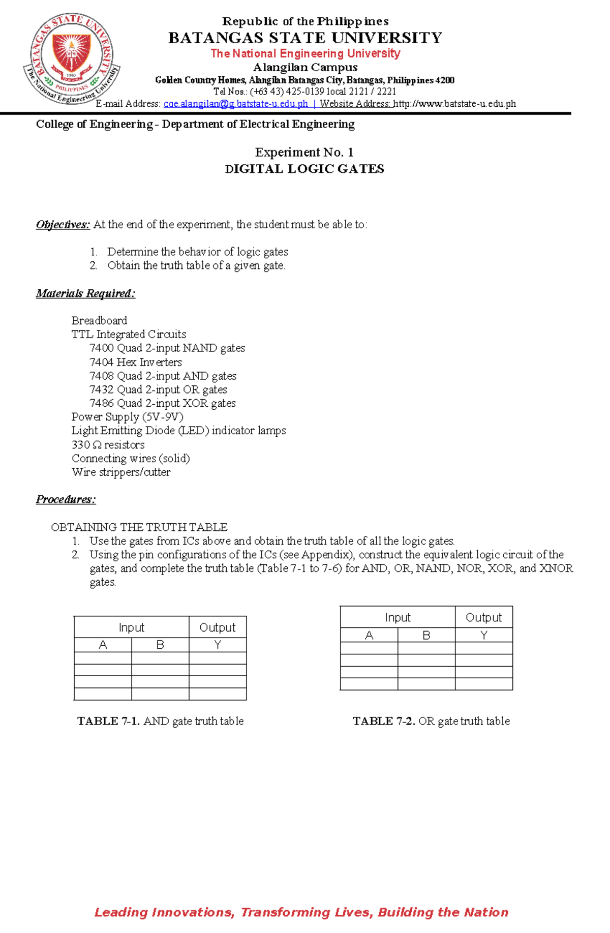 Lab-Experiment-1 - Logic Circuits Experiments - Republic of the ...