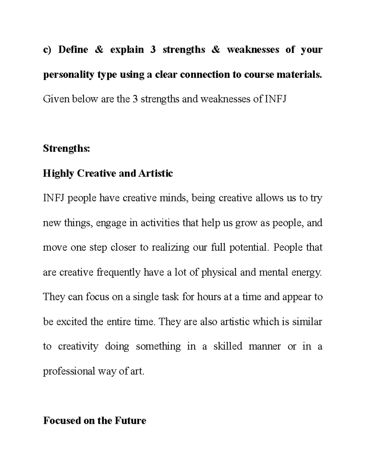 Strength and weakness - Assignment MBTI - c) Define & explain 3 ...