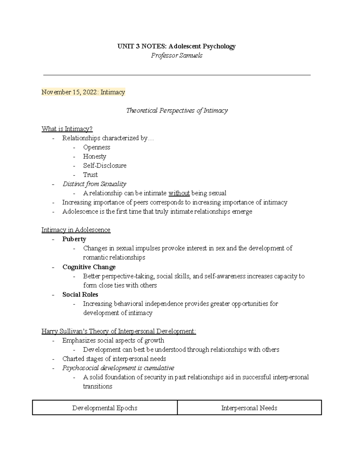 Intimacy Adolescent - UNIT 3 NOTES: Adolescent Psychology Professor ...
