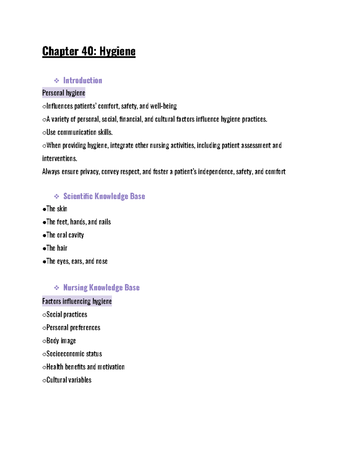 Chapter 40 Hygiene Notes - Chapter 40: Hygiene Introduction Personal ...
