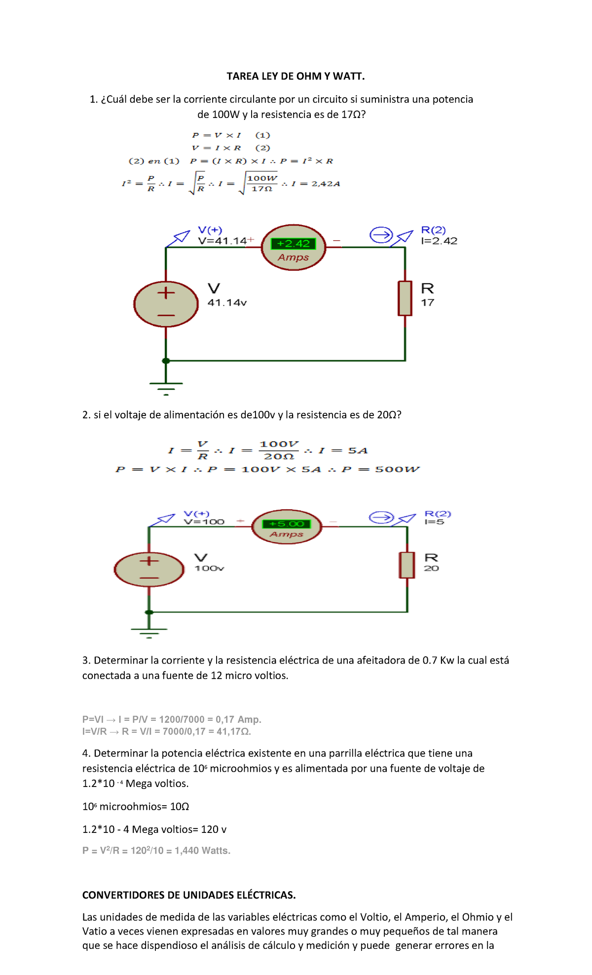 Tarea LEY DE OHM Y WATT - electronica - StuDocu