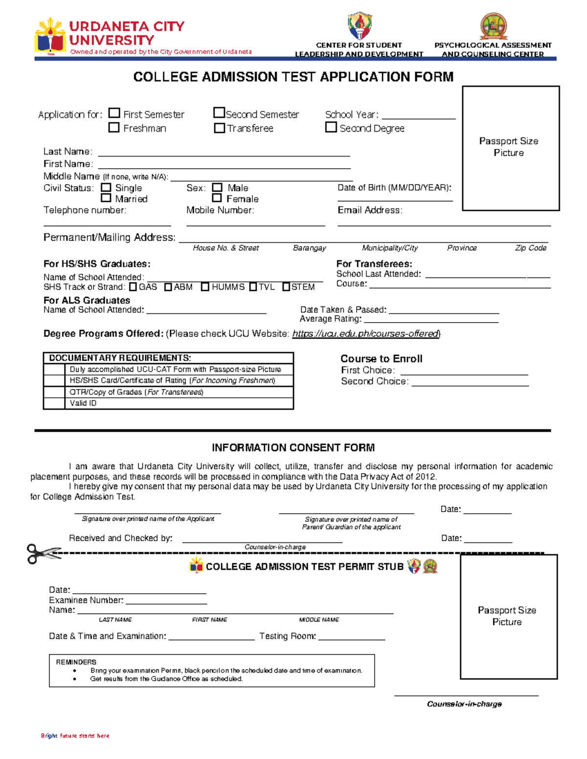 UCU-CAT Application FORM - URDANETA CITY UNIVERSITY Bright future ...