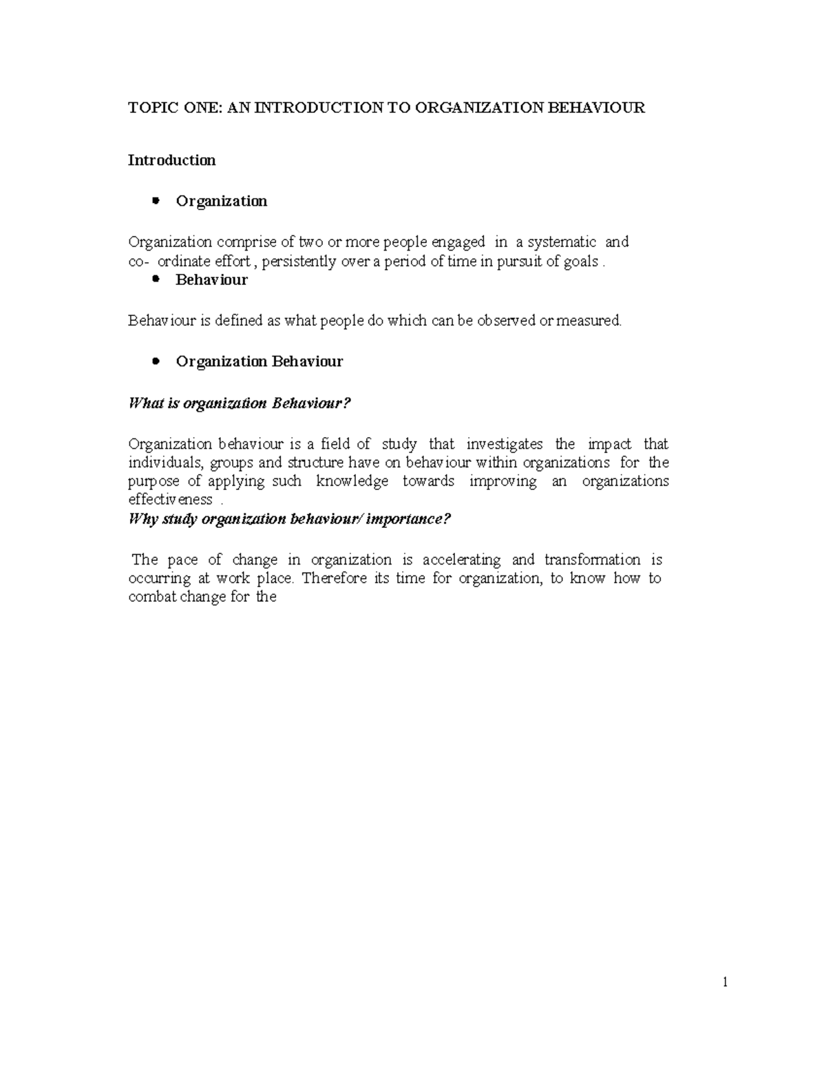 1-4 OB - Lecture notes 4 - TOPIC ONE: AN INTRODUCTION TO ORGANIZATION ...