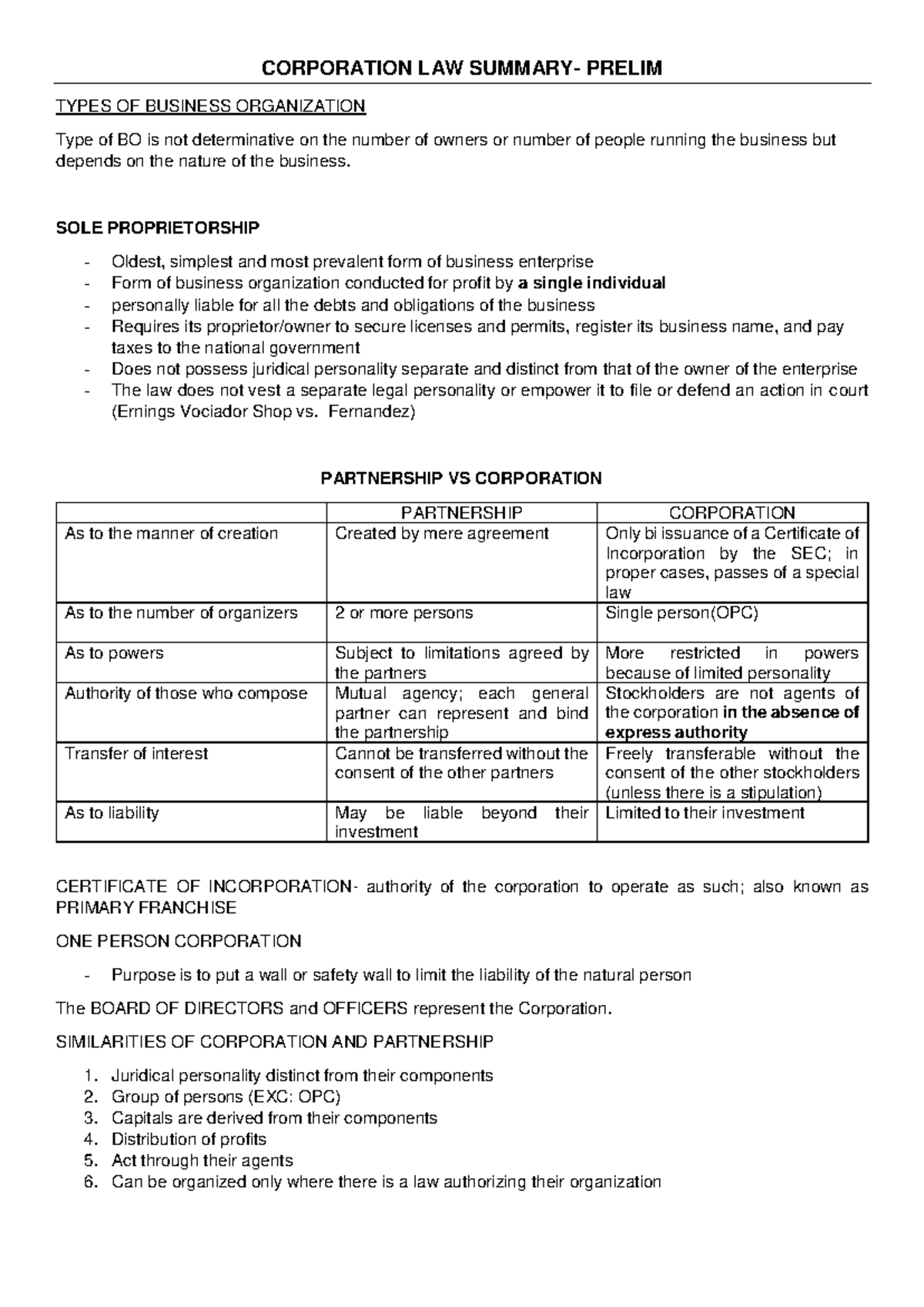 Corporation LAW Summary - CORPORATION LAW SUMMARY- PRELIM TYPES OF ...