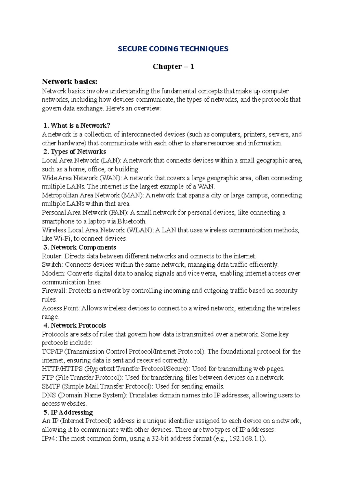 Sct unit-1 - Please give me - SECURE CODING TECHNIQUES Chapter – 1 Network basics: Network ...