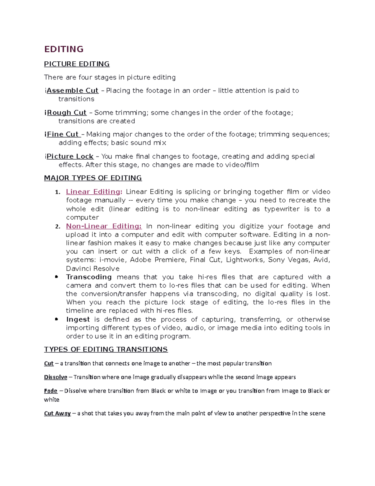 Media-Editing - Lecture notes about Editing - EDITING PICTURE EDITING ...