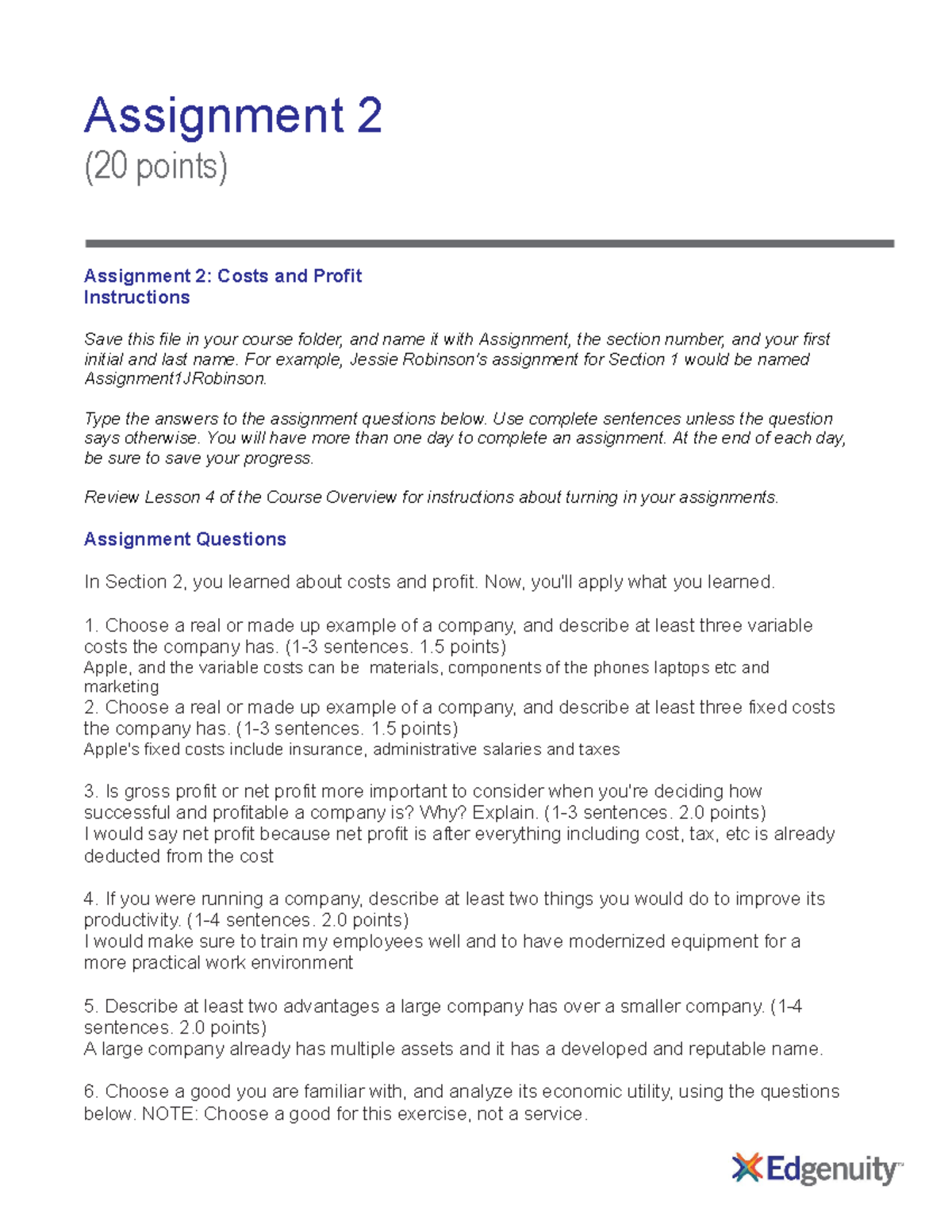 Assignment 2 - EL5732 - Assignment 2 (20 points) Assignment 2: Costs ...