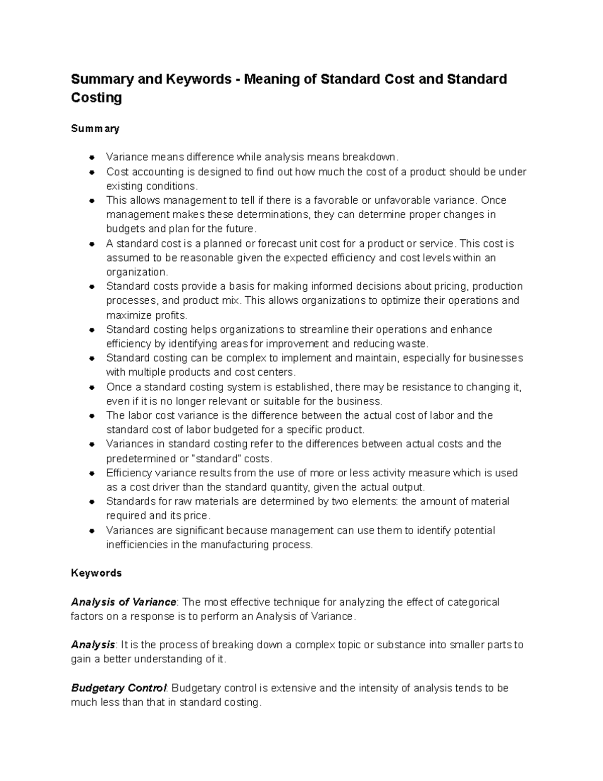 Summary and Keywords - Meaning of Standard Cost and Standard Costing ...