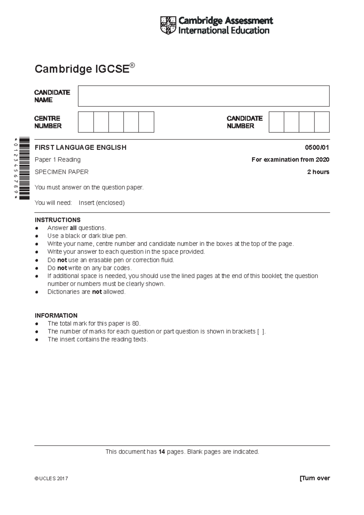 QP 2020 specimen paper 1 - FIRST LANGUAGE ENGLISH 0500/ Paper 1 Reading ...