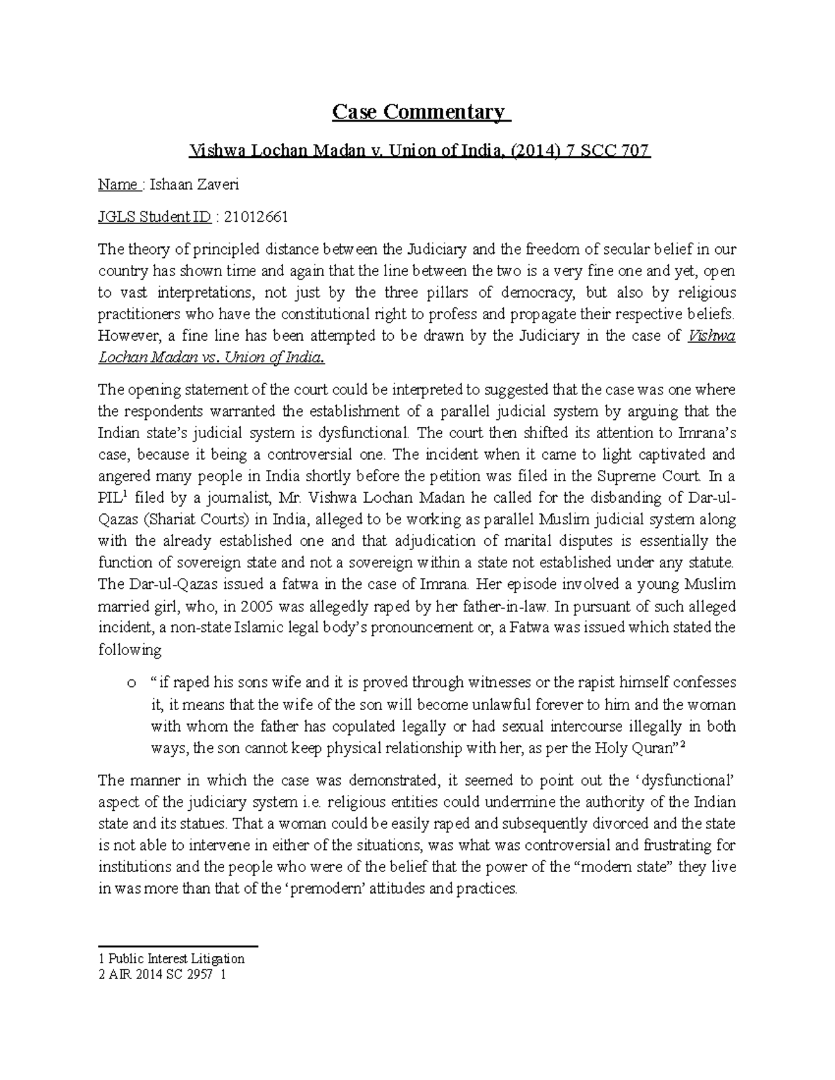 Case Commentary on Vishwa Lochan Madan vs. Union of India - Case ...