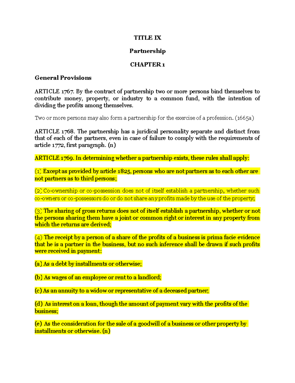 Civil Code-Book IV Title-IX-Partnership - Notes in law - Studocu