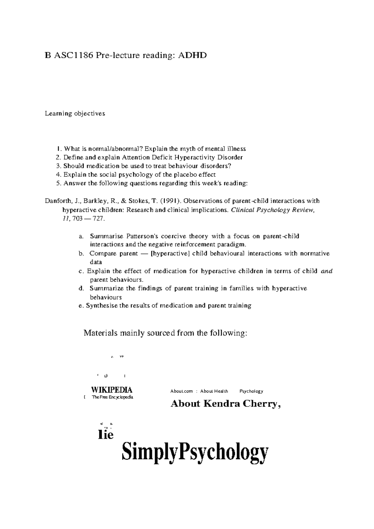 Mental illness: Focus on ADHD - B ASC1186 Pre-lecture reading: ADHD ...