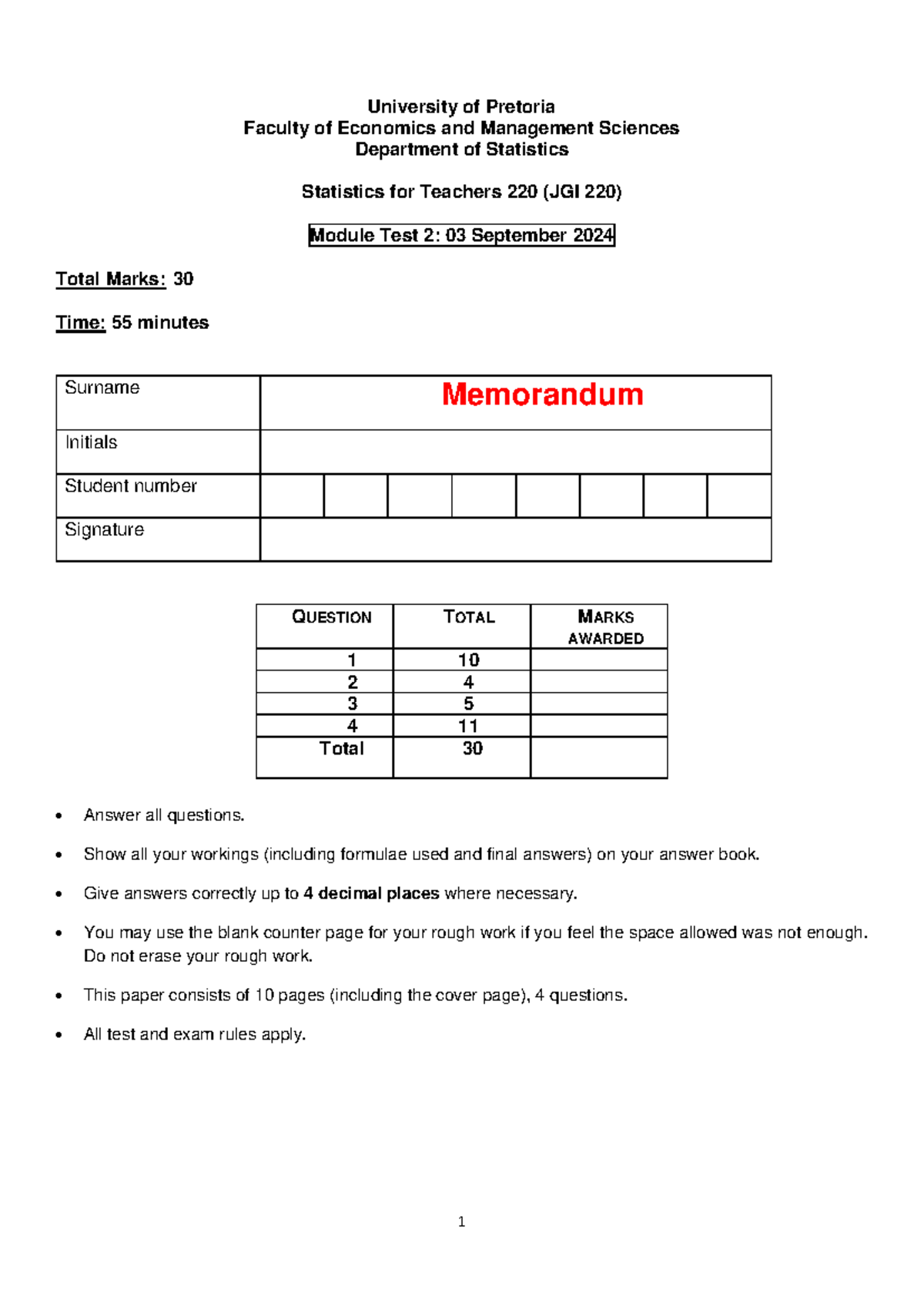 Module Test 2 - Memorandum - 2024 - University of Pretoria Faculty of ...