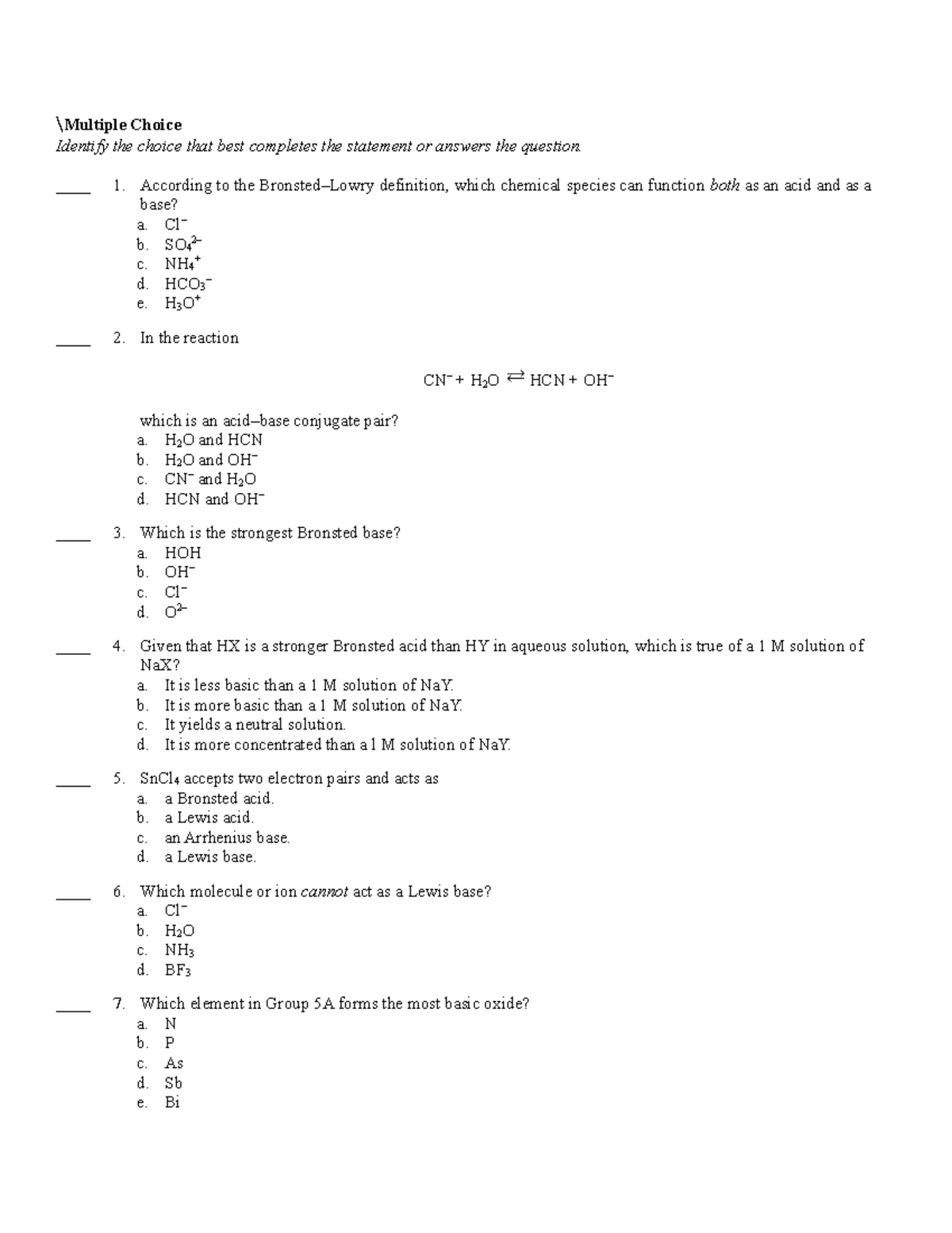Quiz acid-base ungraded answers - \ Multiple Choice Identify the choice ...
