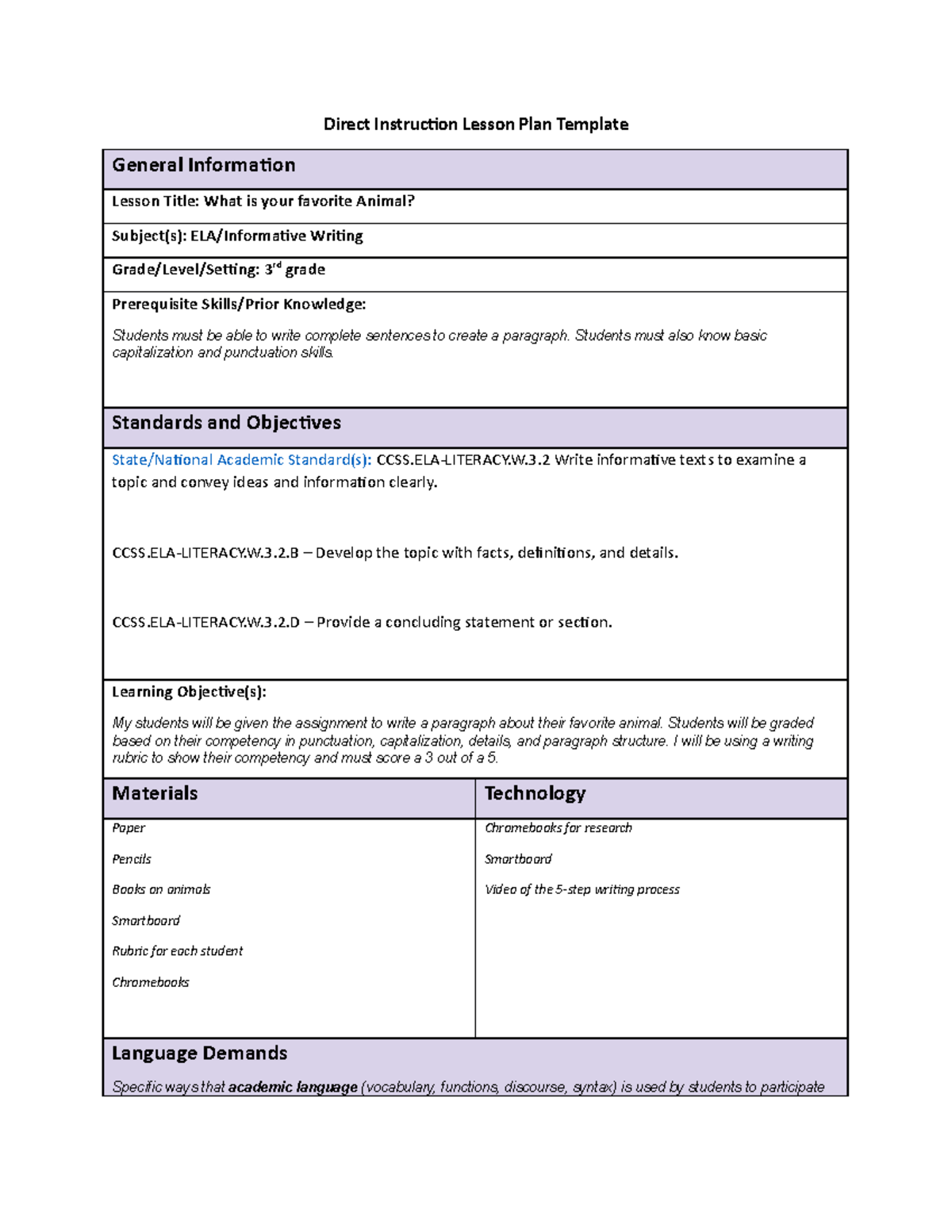 Language Arts Lesson Plan - Direct Instruction Lesson Plan Template General Information Lesson ...