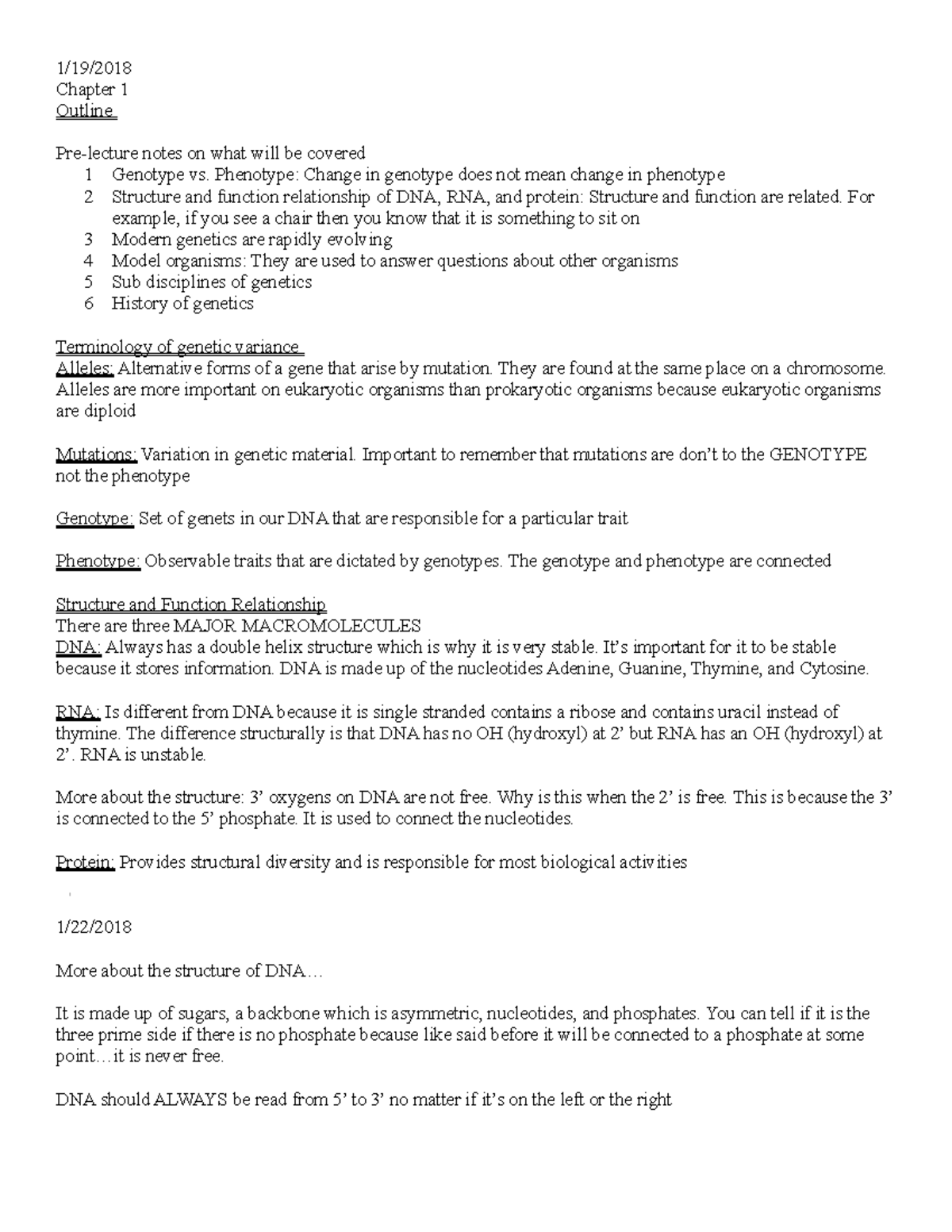 Genetics Notes - 1/19/ Chapter 1 Outline Pre-lecture notes on what will ...