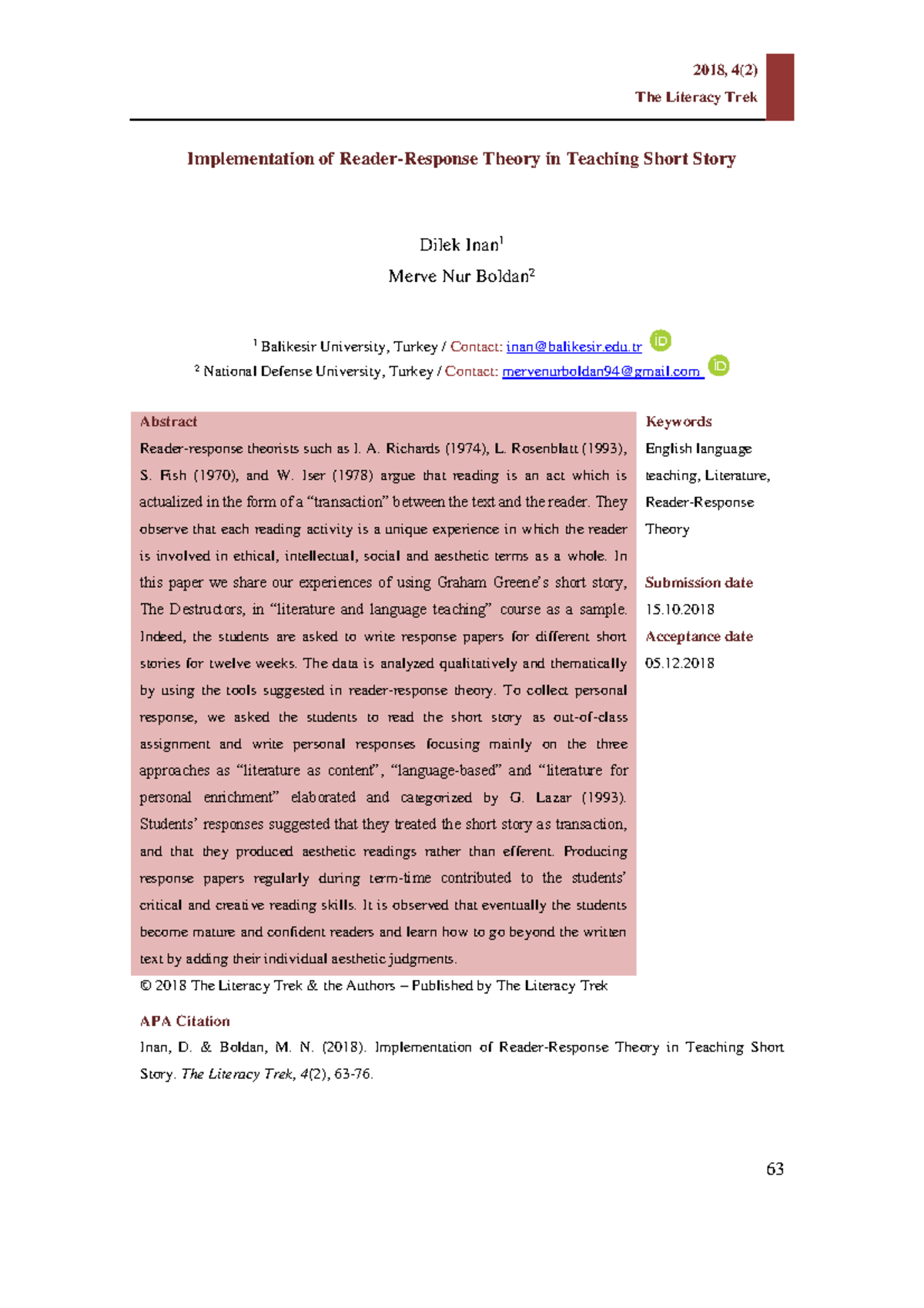 Implementation of Reader-Response Theory in Teaching Short Story[#470559 ]-599423 - 2018, 4(2 ...