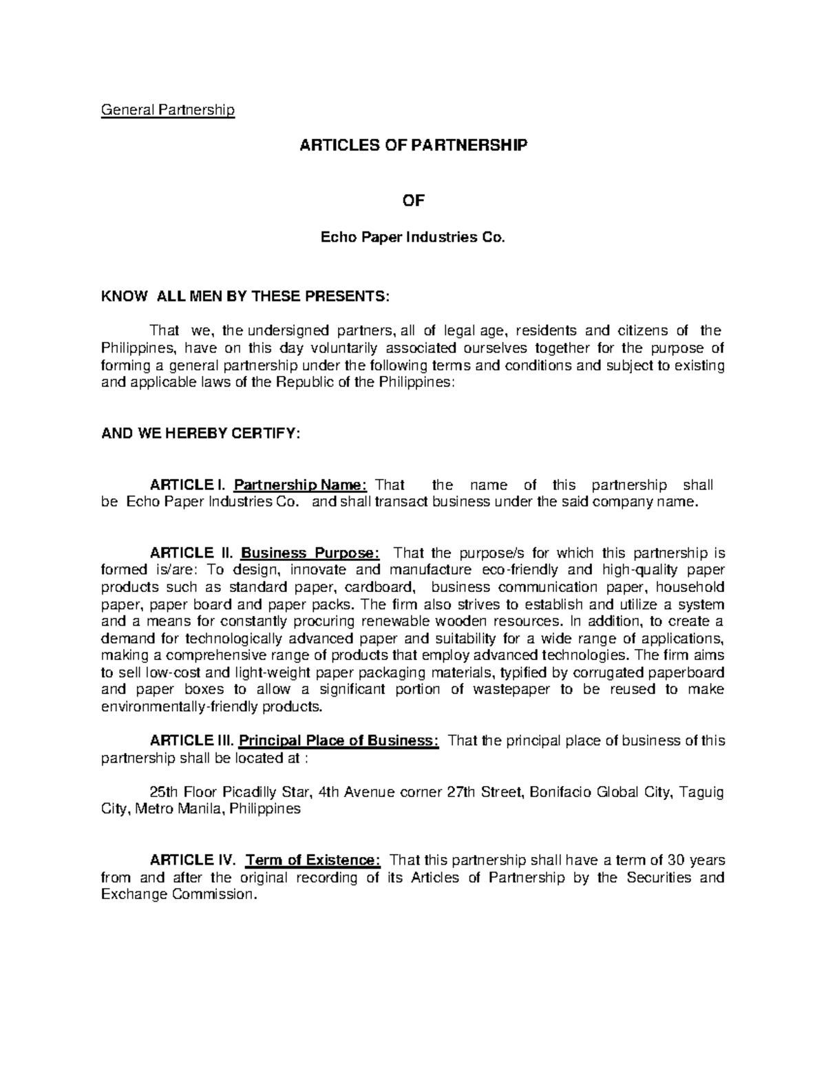 Coblaw 2 Articles of Partnership - General Partnership ARTICLES OF ...