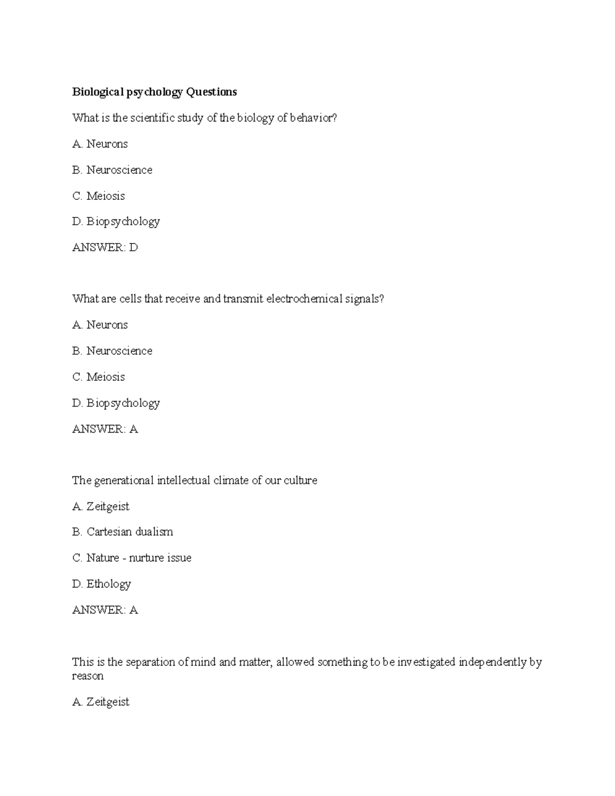 Biological Psychology Qs Group A - Biological psychology Questions What ...