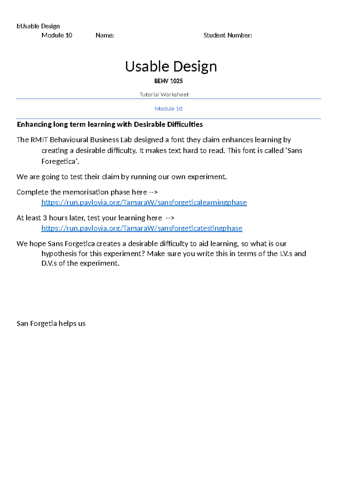 Module 10 worksheet - bUsable Design Module 10 Name: Student Number ...