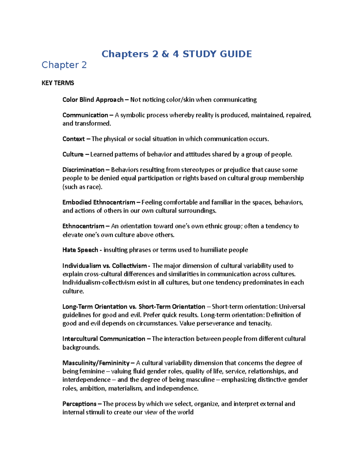 chapters 1-3 study guide - Chapters 2 & 4 STUDY GUIDE Chapter 2 KEY ...