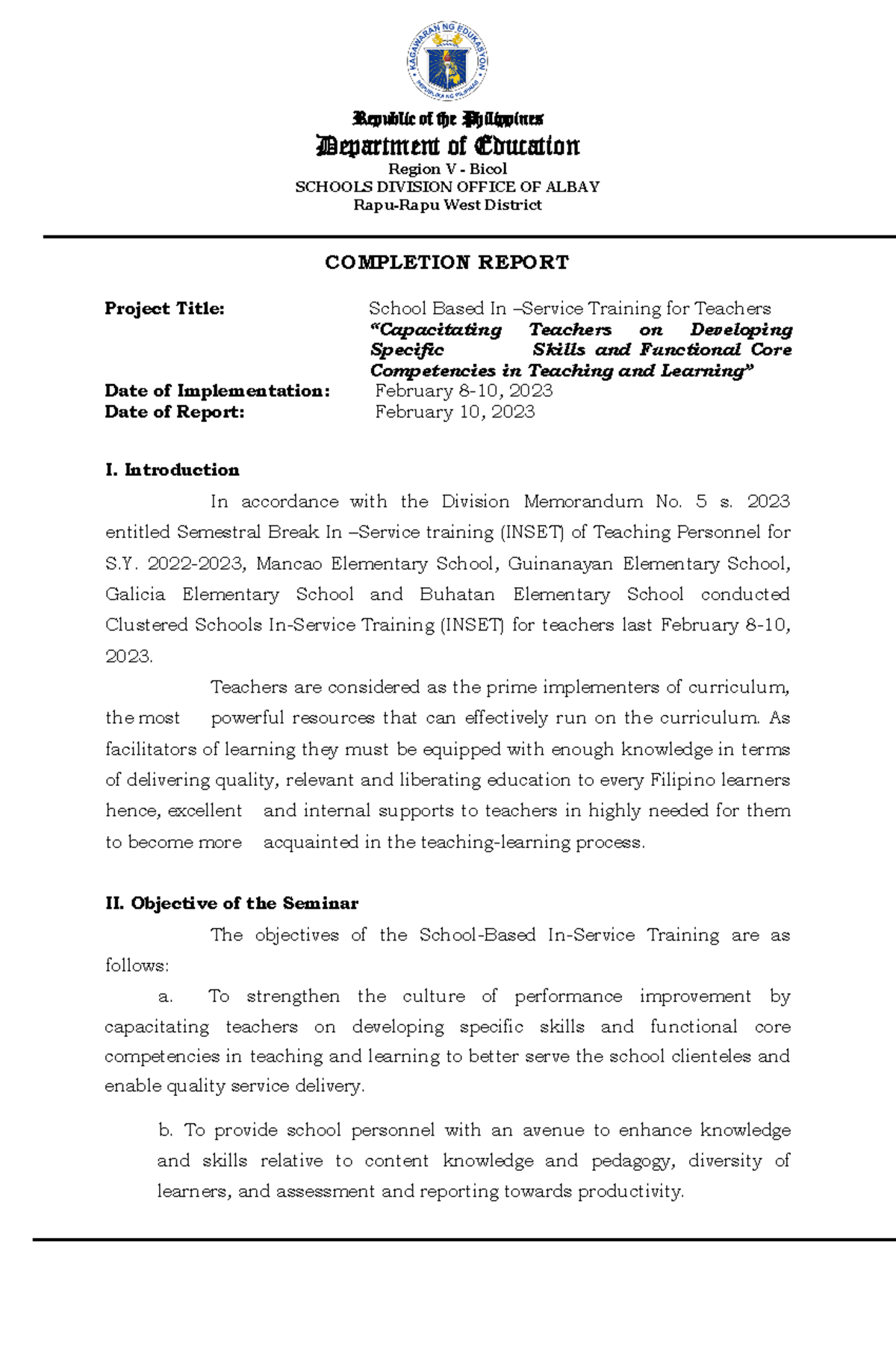 Completion Narrative- Report - Department of Education Region V - Bicol ...