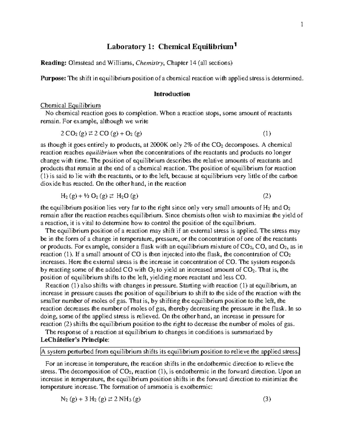 CH142Exp1Equilibrium - Laboratory 1: Chemical Equilibrium 1 Reading ...