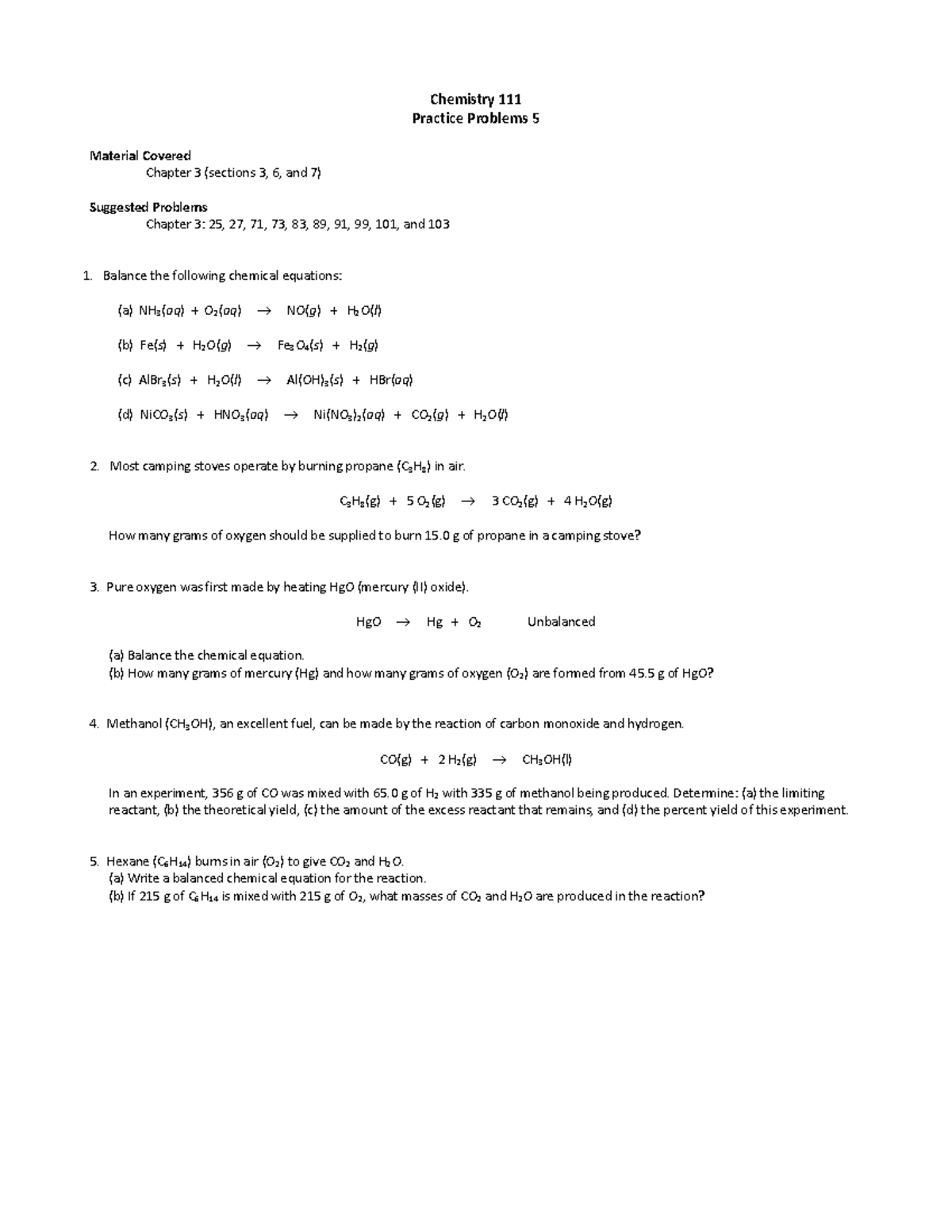 Practice Problems 1 - Chemistry 111 Practice Problems 5 Material Covered Chapter 3 (sections 3 ...