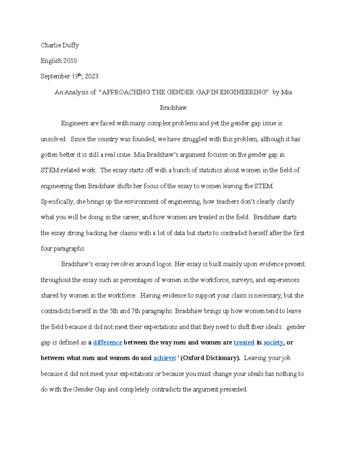 ARgument analysis - Charlie Duffy English 2010 September 19th, 2023 An ...