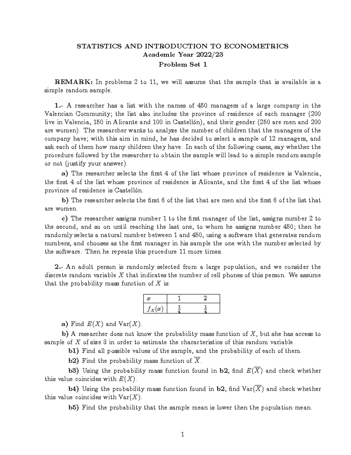 Problemsunit 1 - Estadística problemas tema 1 - STATISTICS AND ...