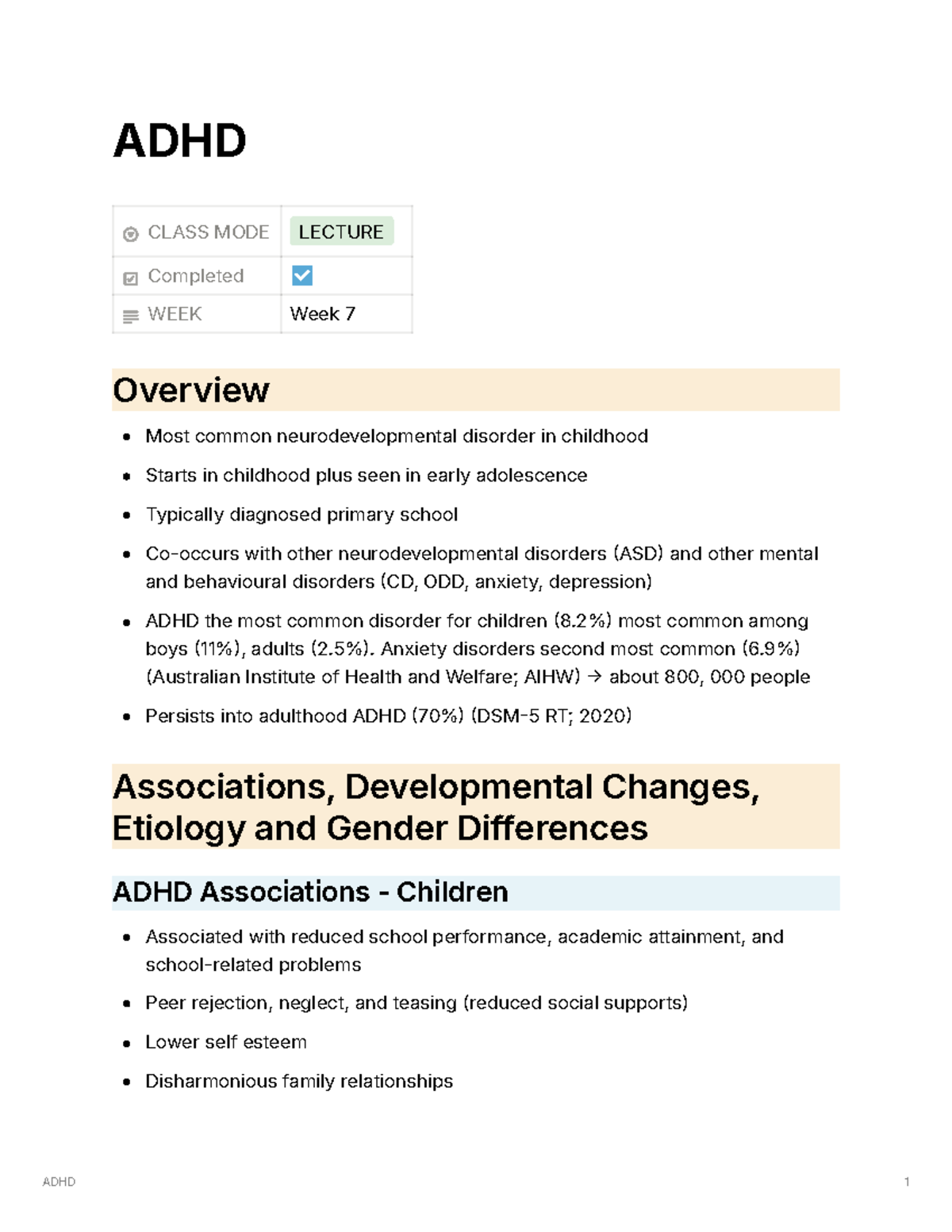 ADHD - Lecture summary of ADHD lecture - ADHD CLASS MODE LECTURE ...