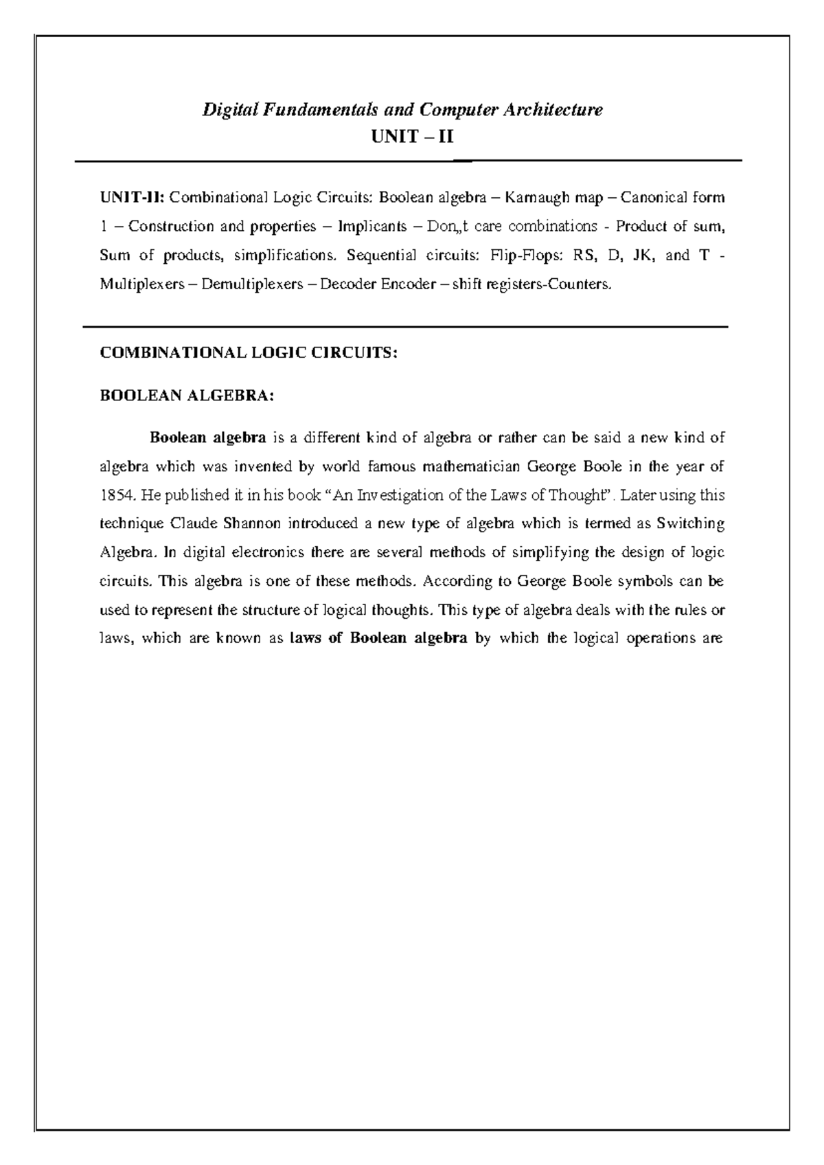 DFCA UNIT II - Easy - Digital Fundamentals and Computer Architecture UNIT – II UNIT-II: - Studocu