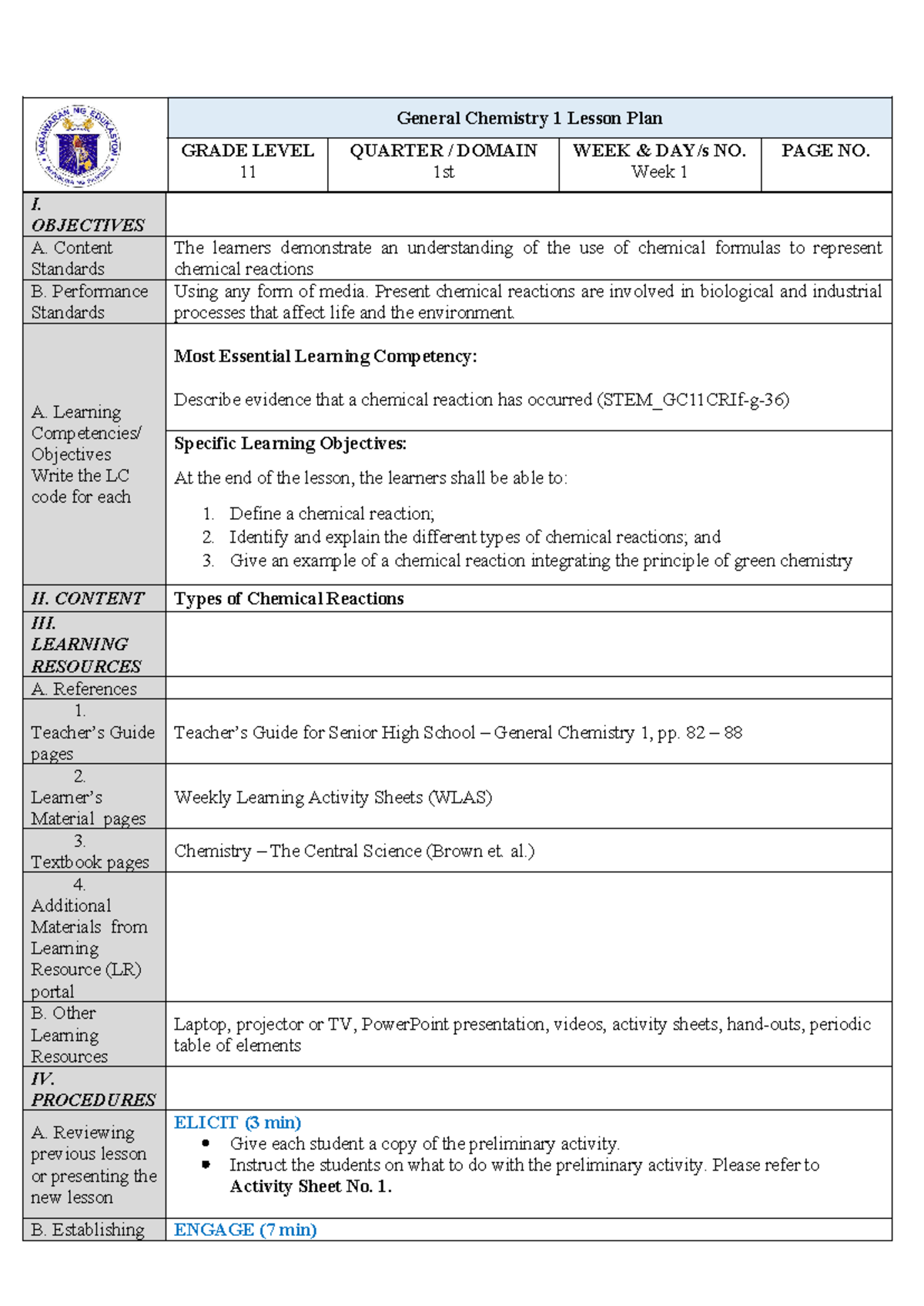 Week 1 Learning-Packet - General Chemistry 1 Lesson Plan GRADE LEVEL 11 ...