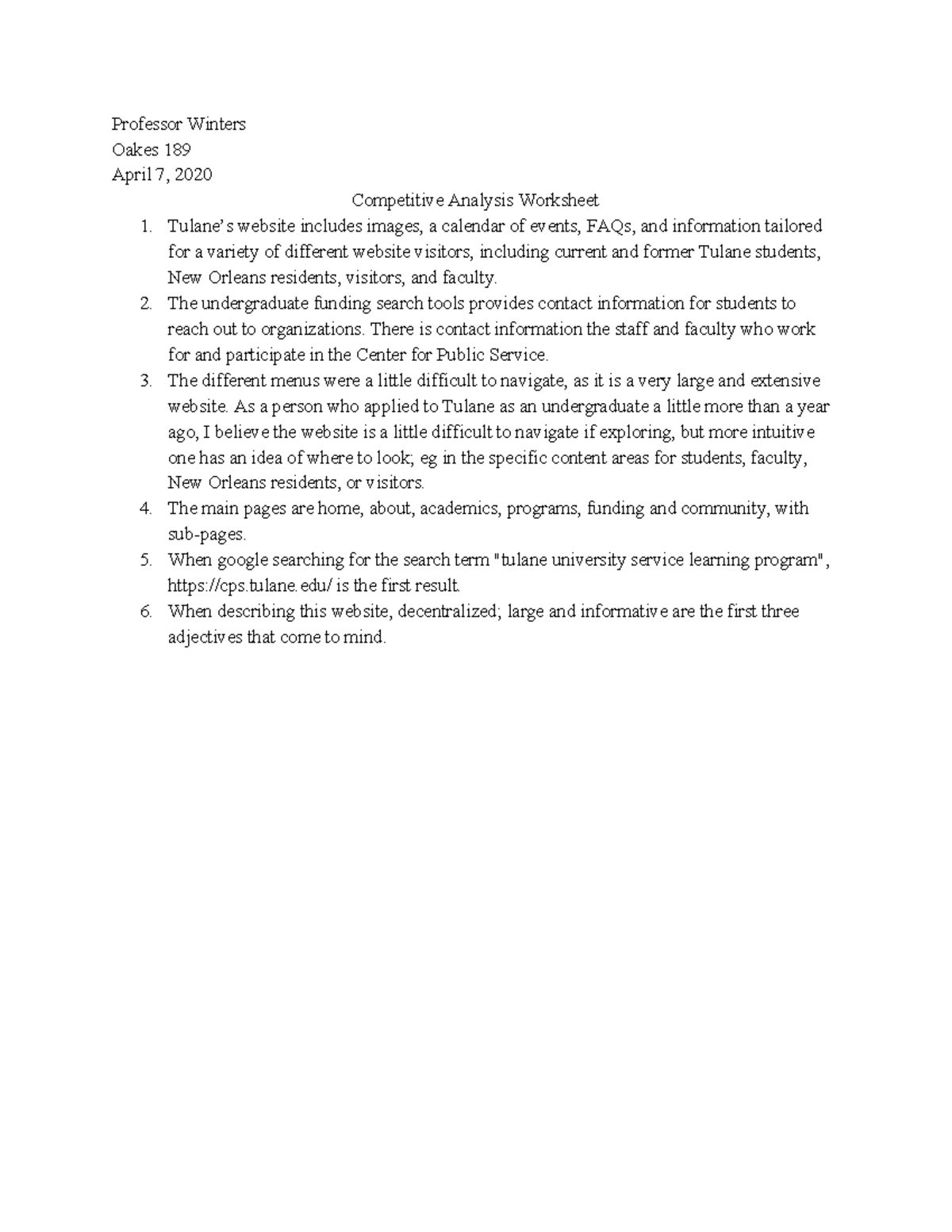Competitive Analysis Worksheet answer - Professor Winters Oakes 189 ...
