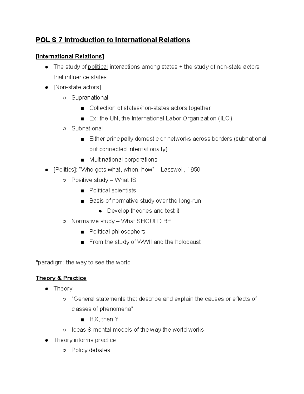 POL S 7 Notes - Spring23 - POL S 7 Introduction to International ...
