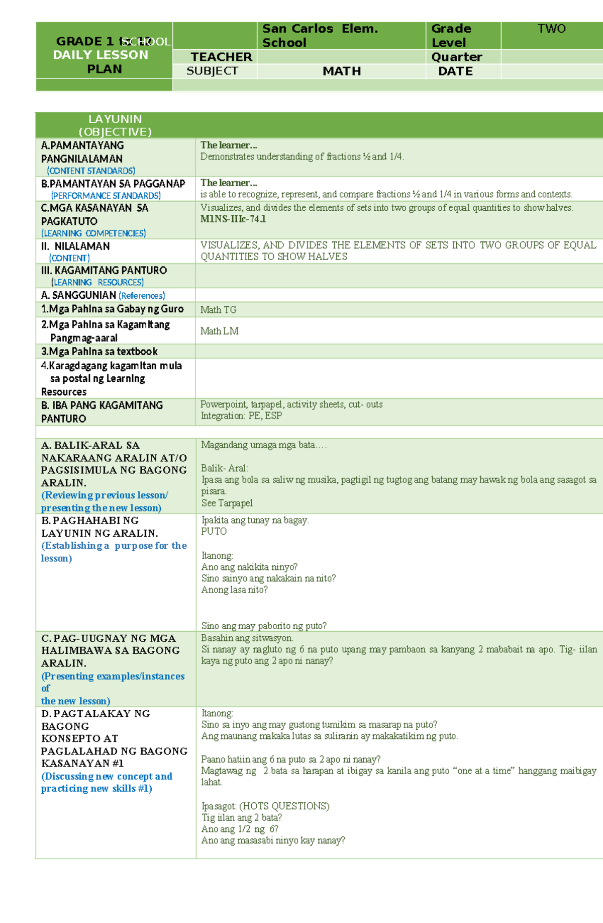 Math 2 Lesson Plan - GRADE 1 to 12 DAILY LESSON PLAN SCHOOL San Carlos ...