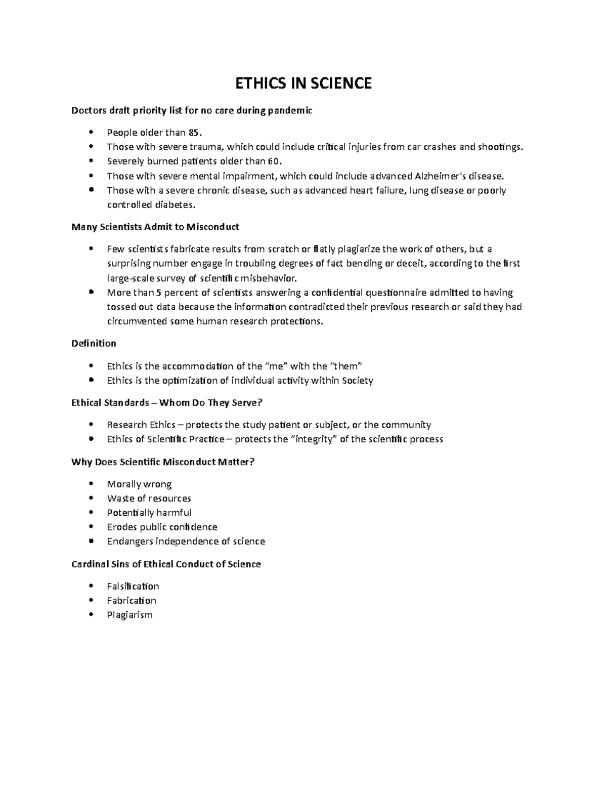 Ethics IN Science - ETHICS IN SCIENCE Doctors draft priority list for ...