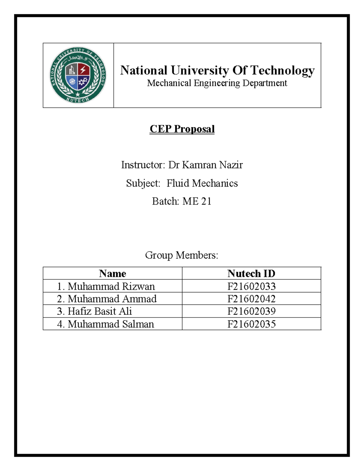 CEP Proposal - National University Of Technology Mechanical Engineering Department CEP Proposal ...