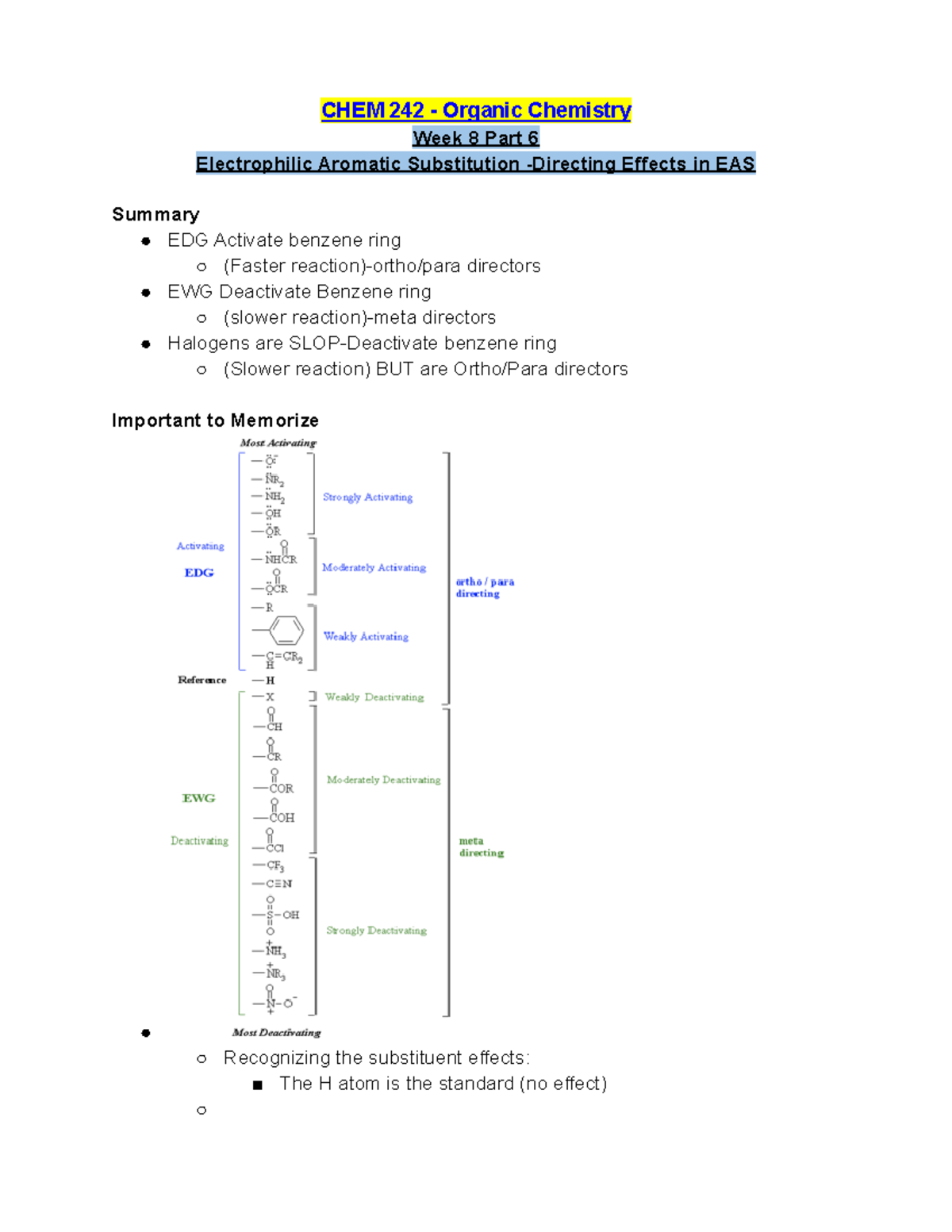 CHEM 242 Weeks 8 Lecture Notes Part 6 - Directing Effects in EAS - CHEM ...