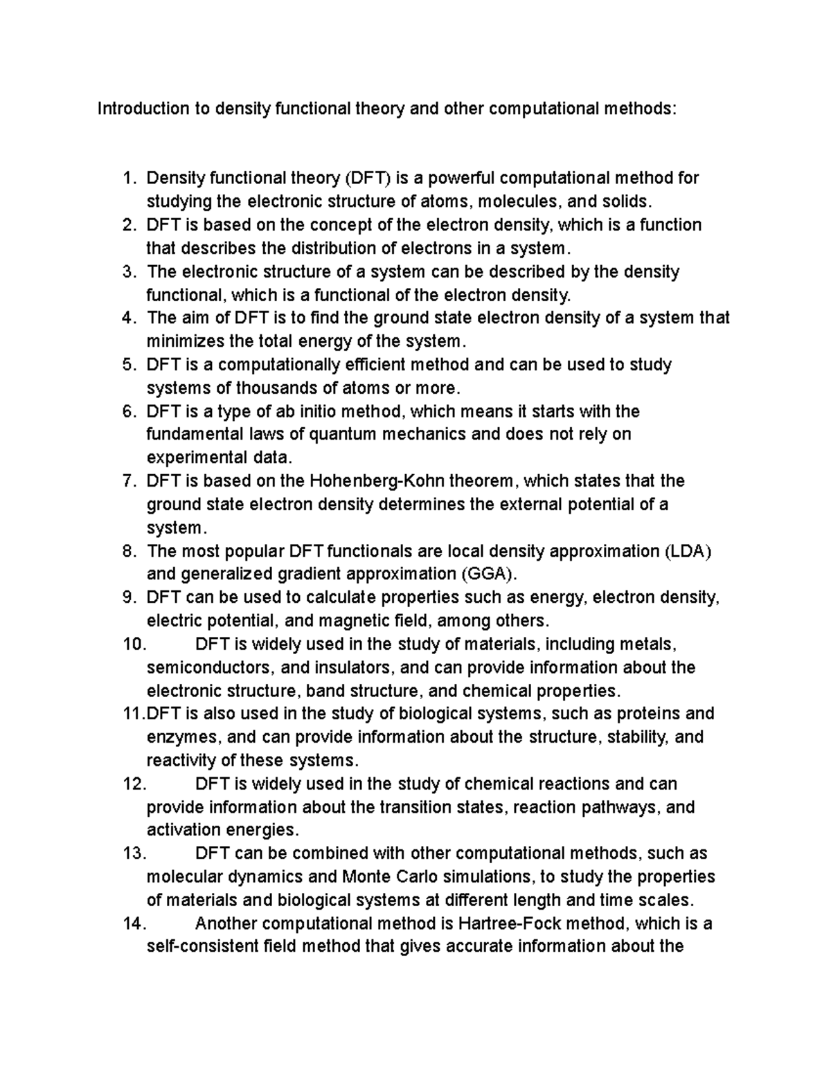 Introduction to density functional theory and other computational ...
