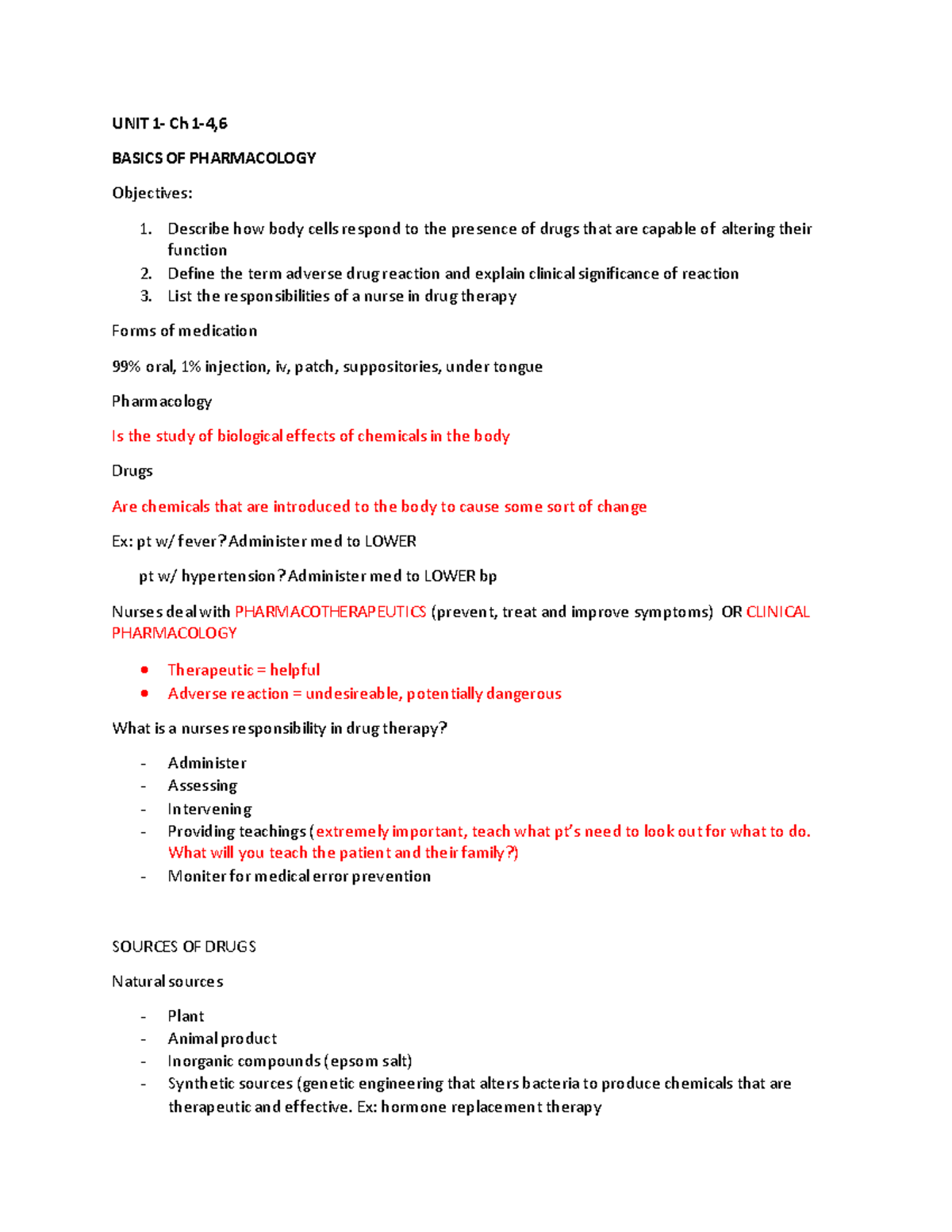 Unit1 study sheet - UNIT 1- Ch 1-4, BASICS OF PHARMACOLOGY Objectives ...