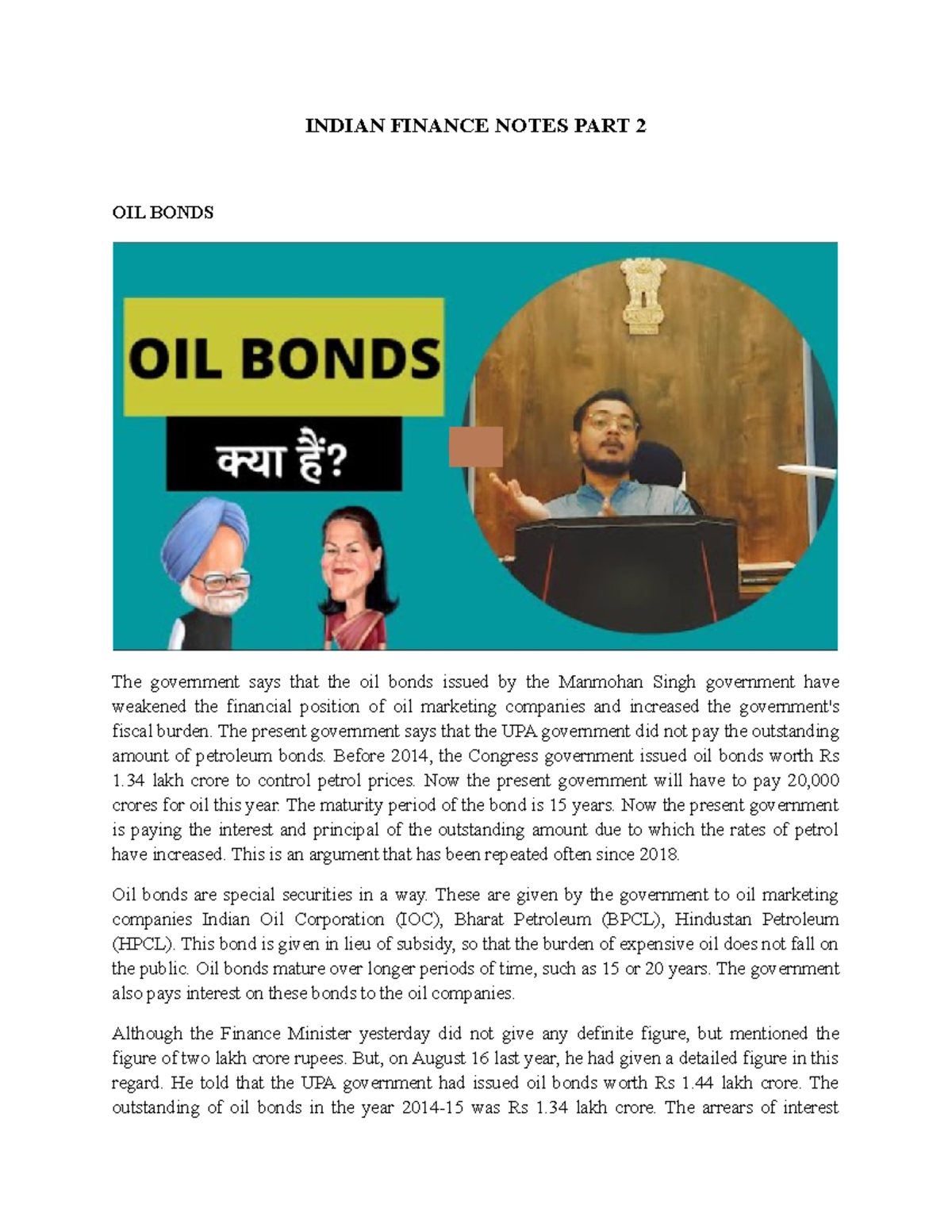 Indian Finance Notes PART 2 - INDIAN FINANCE NOTES PART 2 OIL BONDS The ...